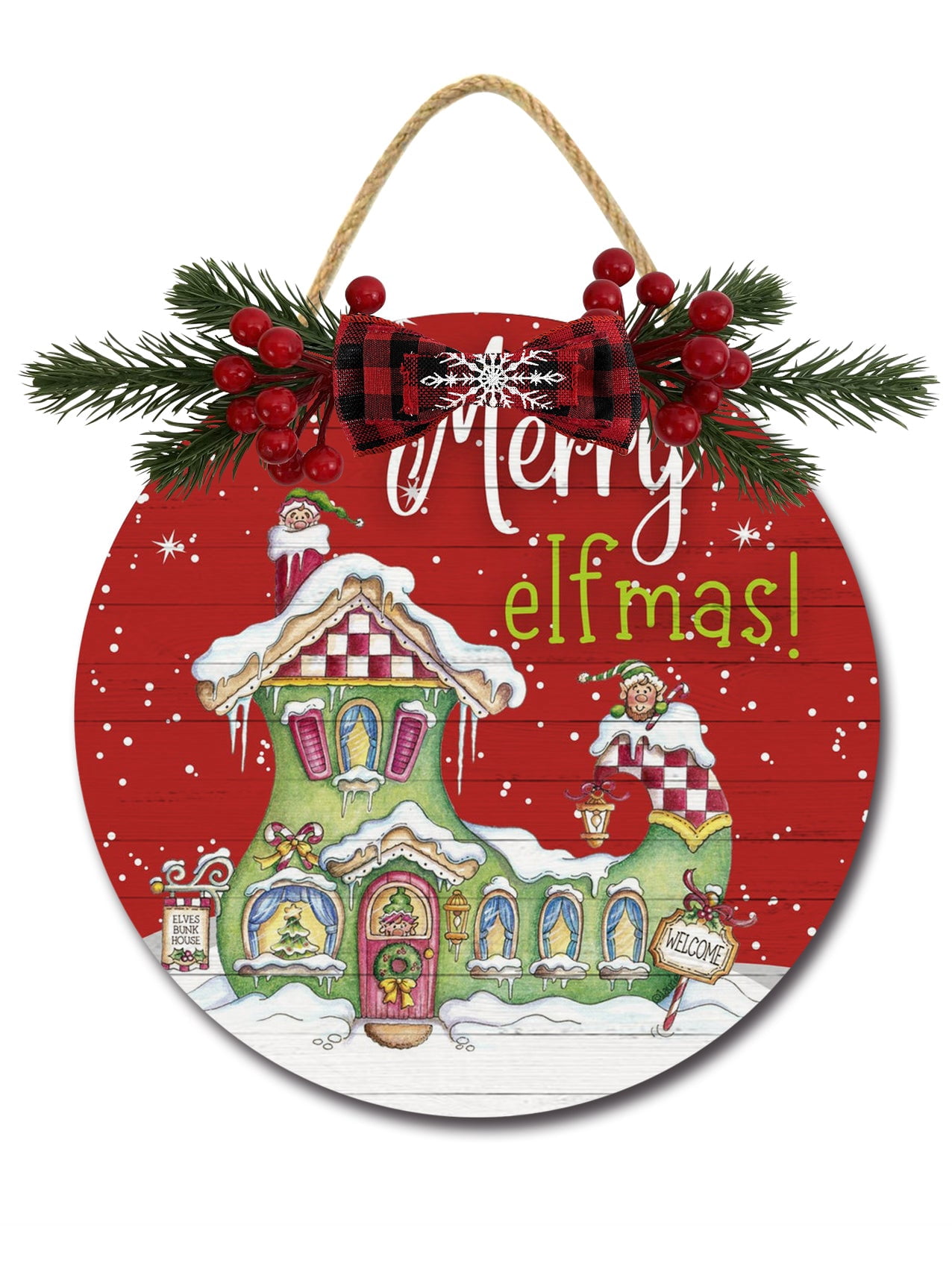 Merry Elfmas Sign Front for Door Decoration, 11 in Round Wood Wreaths ...
