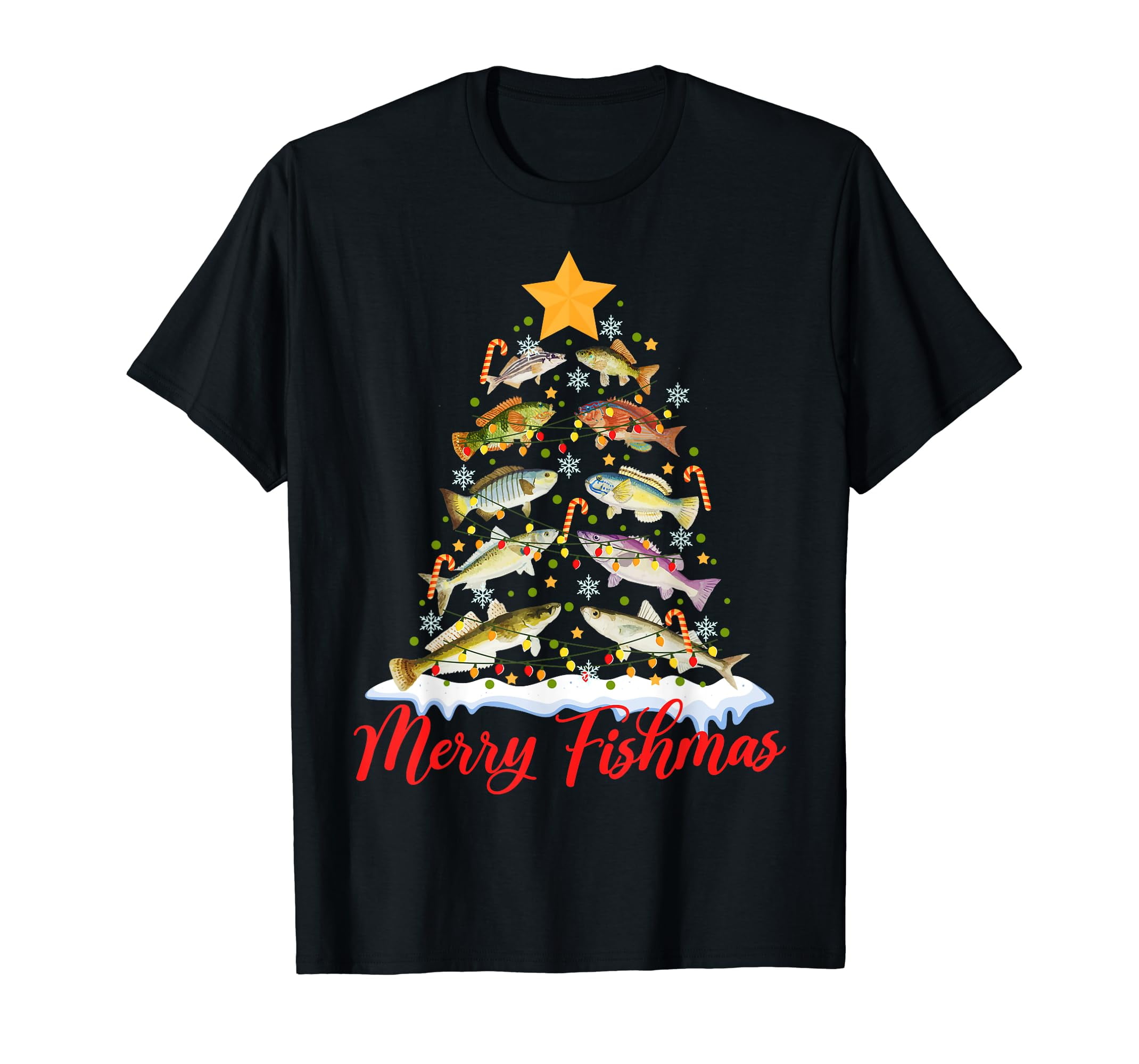 Merry Fishmas Funny Christmas Tree Lights Fish Fishing Rod T-Shirt ...