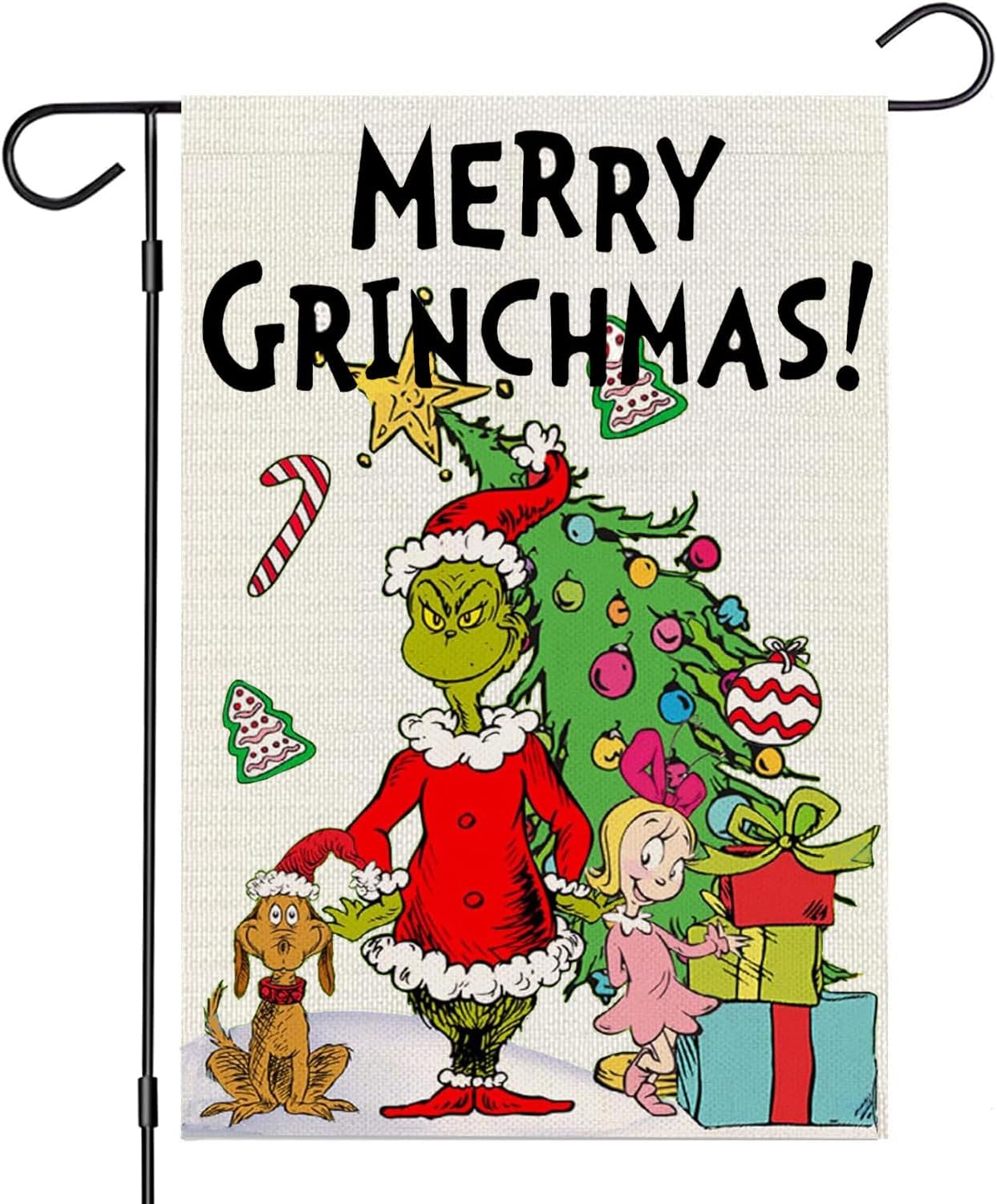 Merry Grinchmas Garden Flag Double Sided Xmas Tree Elf Green Christmas ...