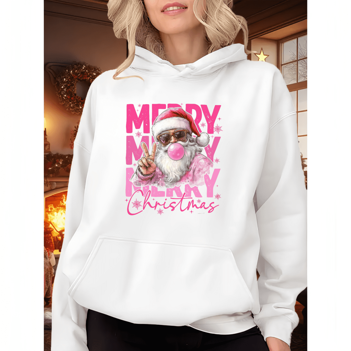 Merry Pink Santa Hoodie | Bubble Gum Peace Sign Graphic Sweatshirt ...