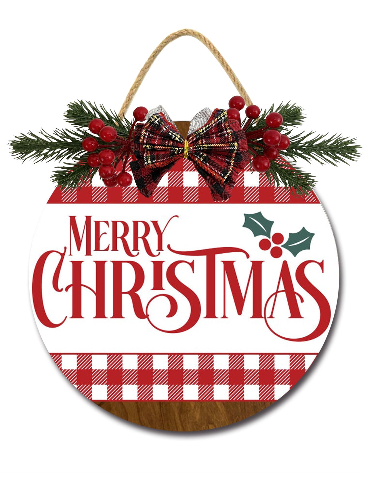 Merry Red Gingham Christmas Door Hanging Sign 12 Inch Wooden Wall Sign ...