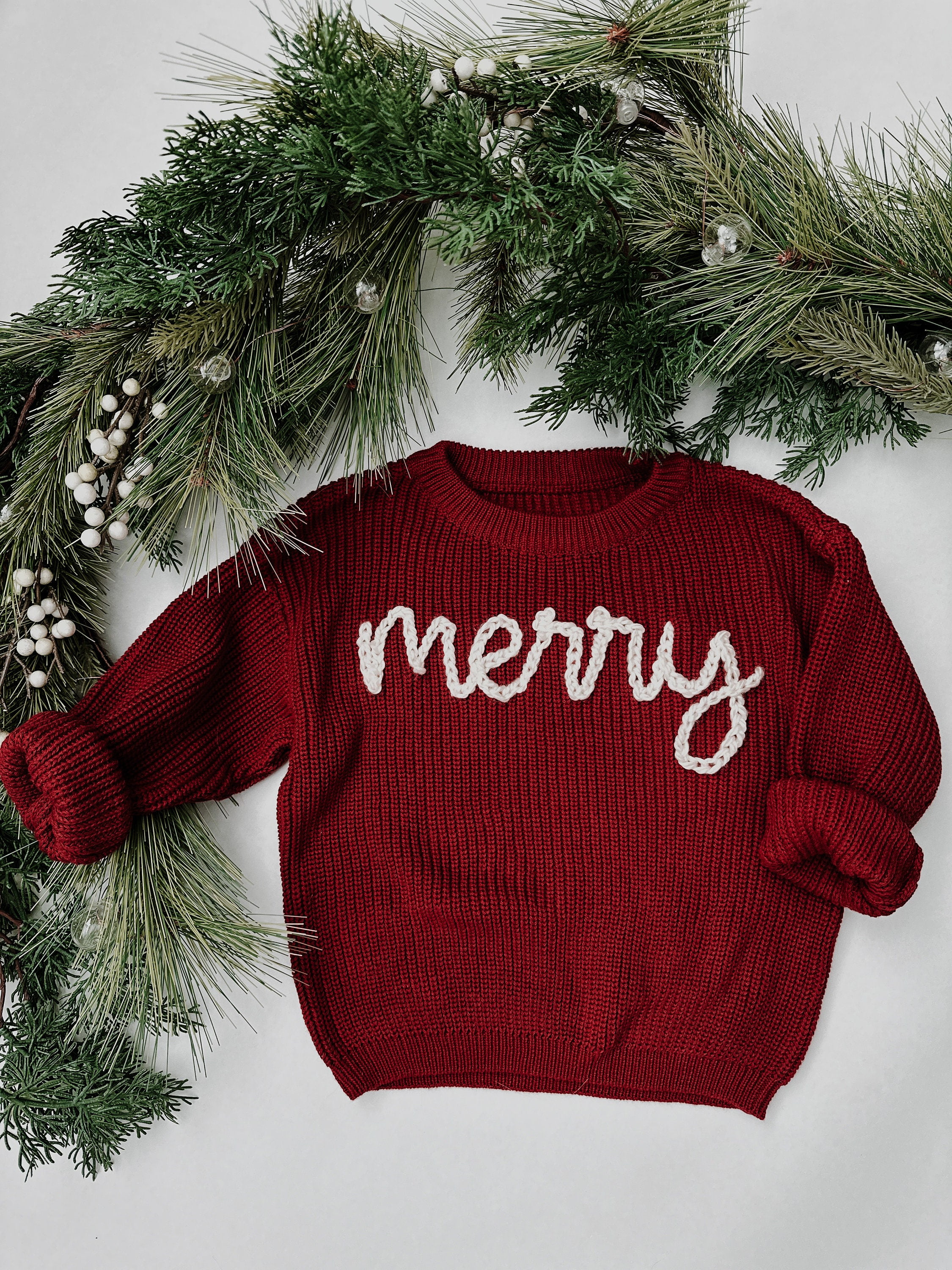 Merry Sweater // Hand Embroidered Sweater // Christmas Chunky Knit ...