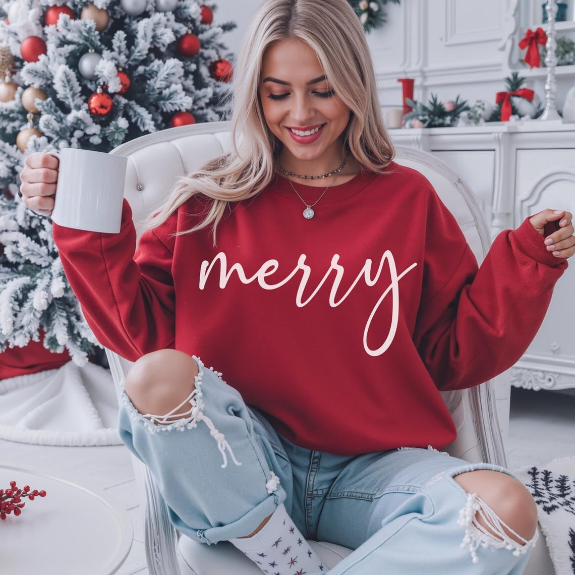 Merry Sweatshirt, Cozy Holiday Christmas Pullover, Festive Winter ...