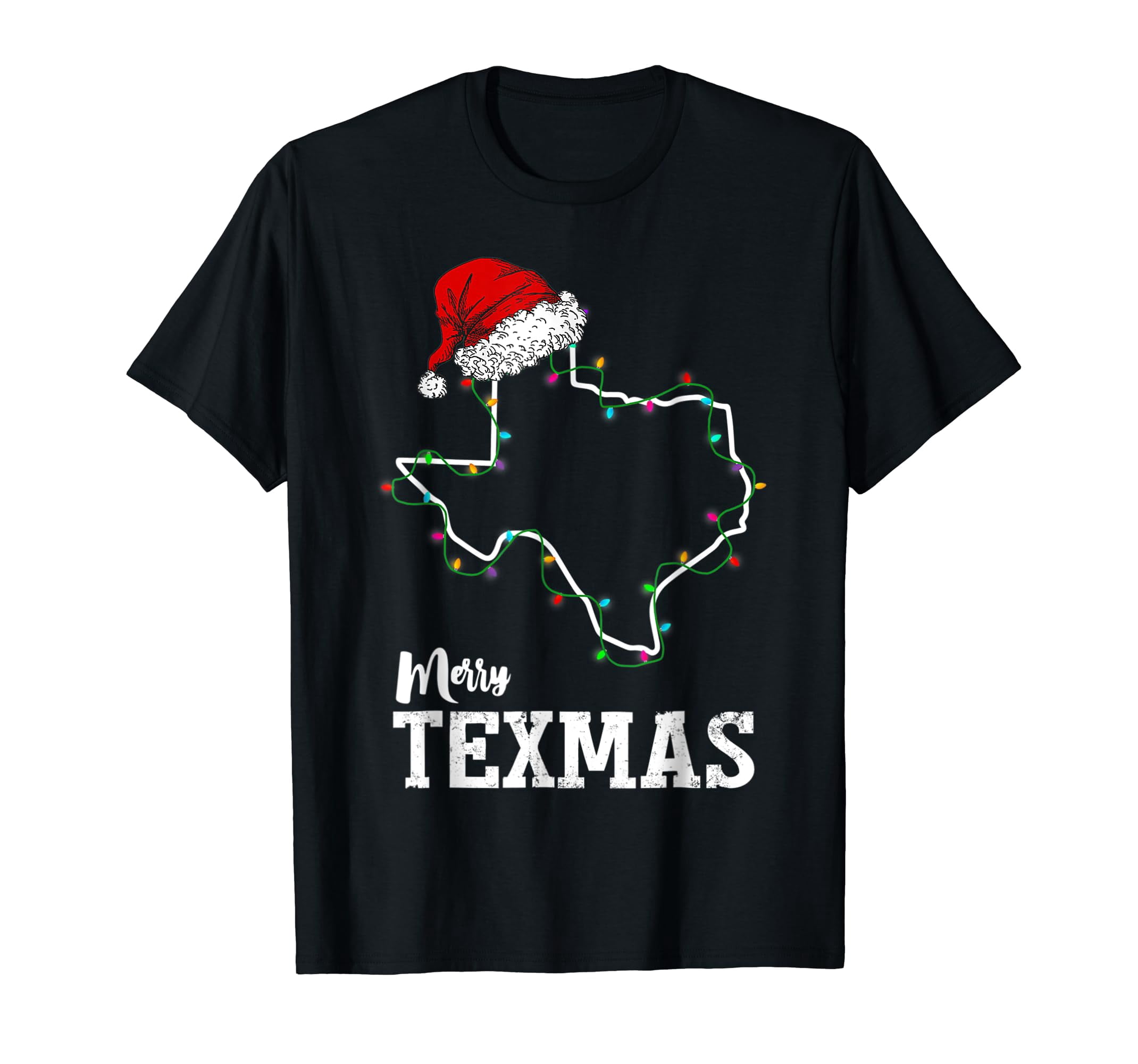 Merry Texmas Texas State Christmas Light Outline Santa Hat T-Shirt ...