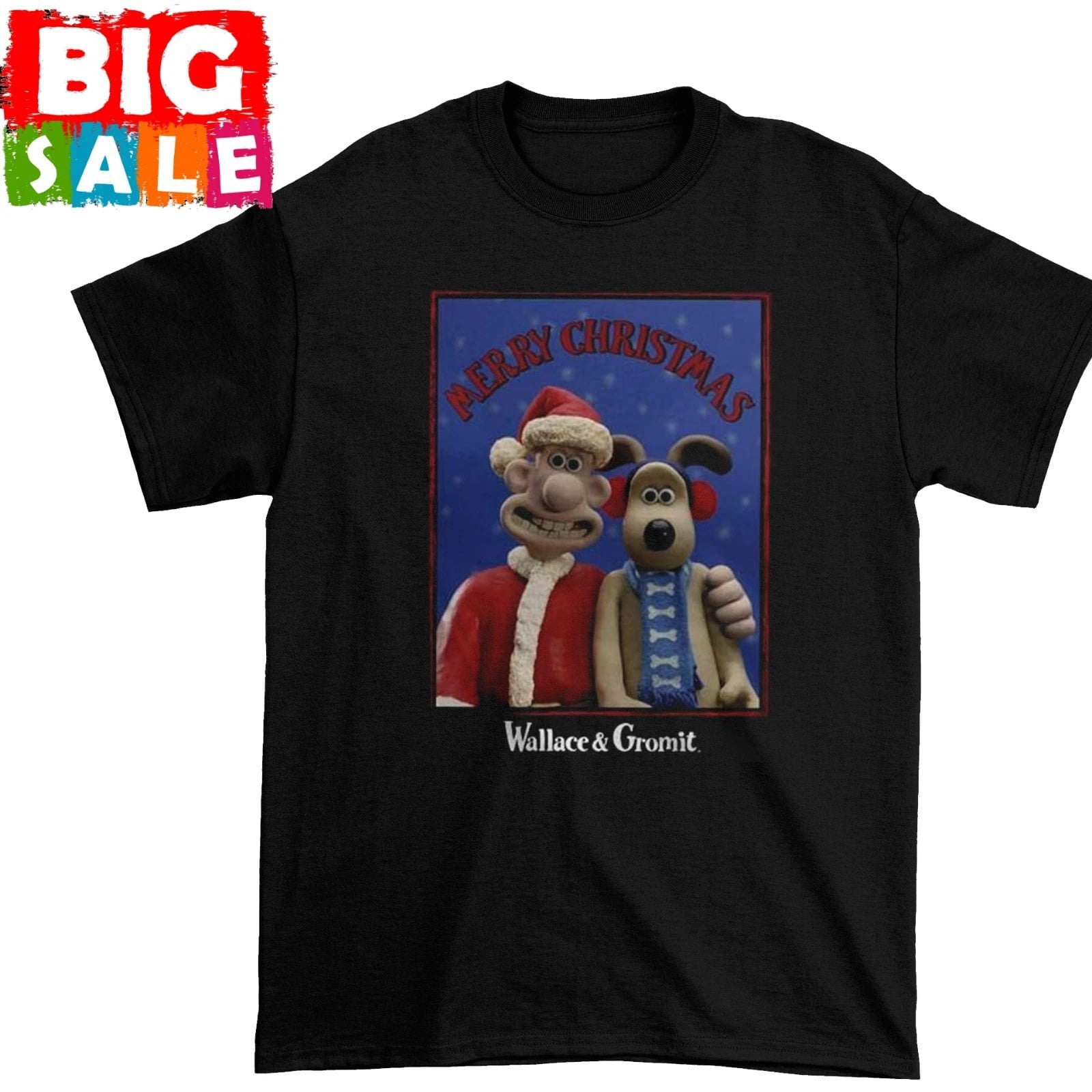 Merry Xmas Festive Wallace and Gromit Black uniNew S-234XL Gift xmas ...
