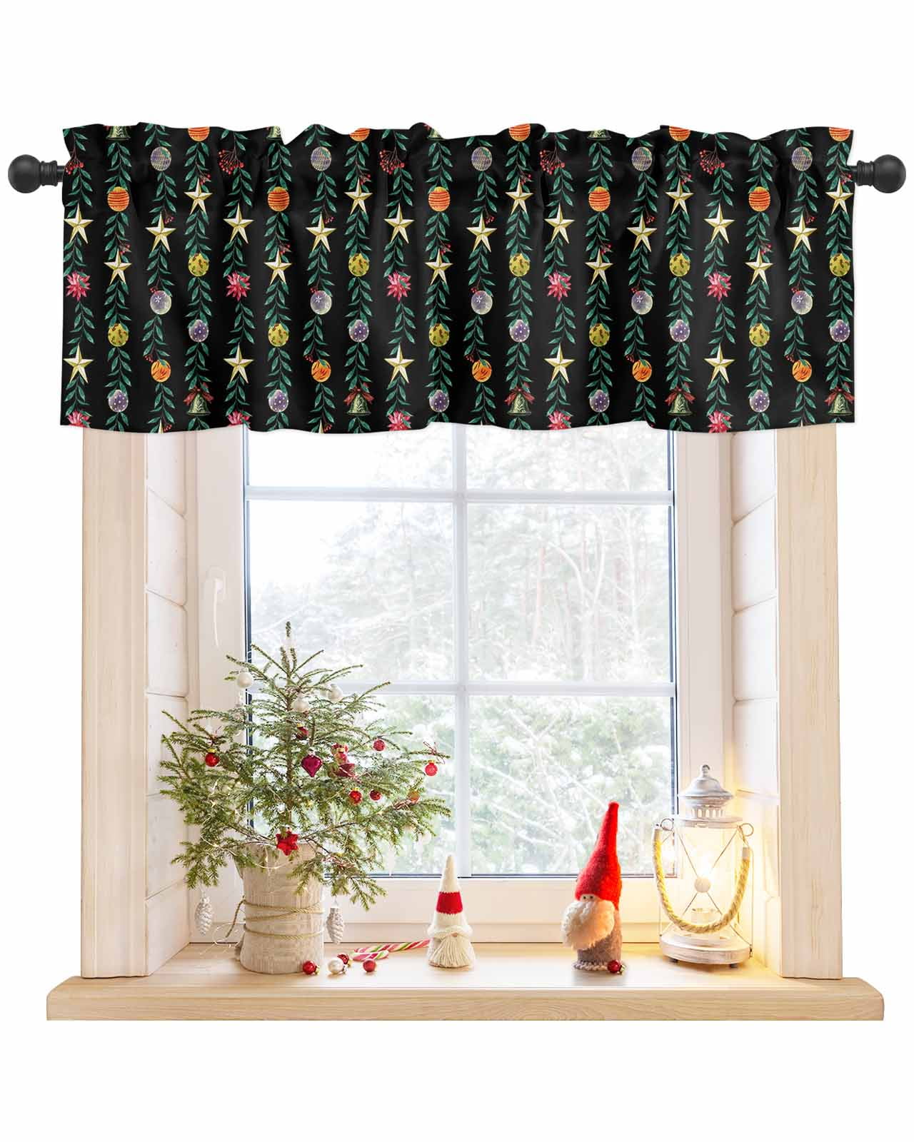 Merry Xmas Ornament Star Bell Window Valance for Kitchen, Winter Fir ...