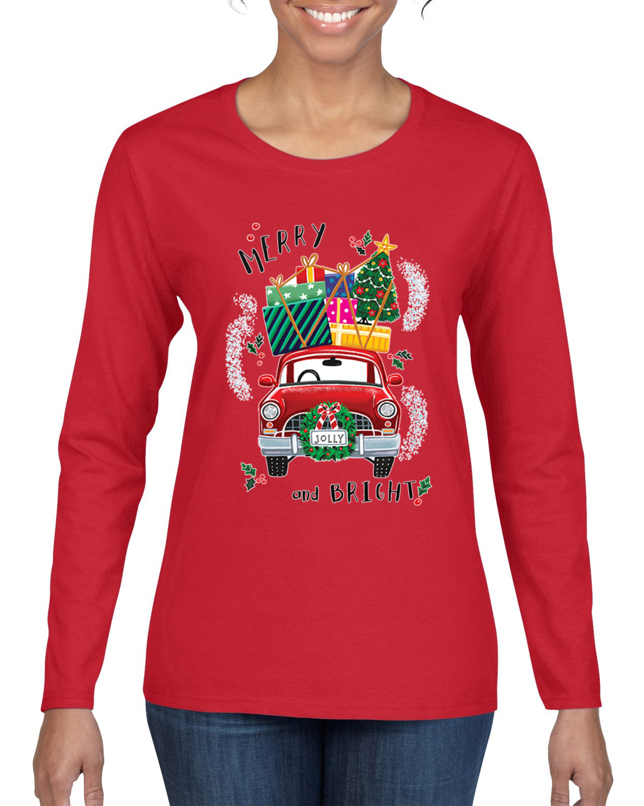 Merry and Bright Red Car Christmas Womens Graphic Long Sleeve T-Shirt ...