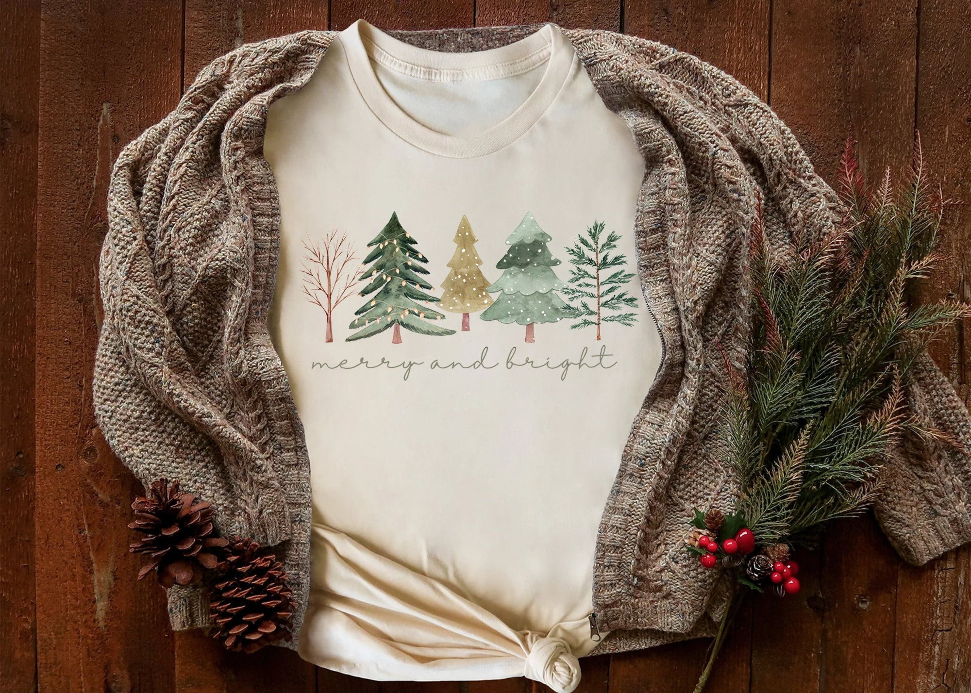 Merry and Bright Trees, Women's Christmas Shirt, Womans Holiday Shirt ...