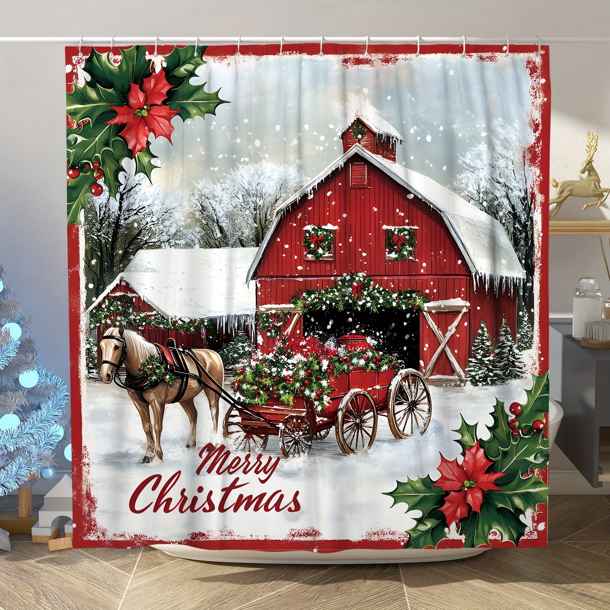 Merry christmas decorations winter Polyester Shower Curtain set floral ...