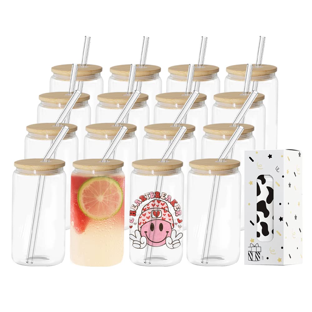 MerryJoy 16 PACK Sublimation Glass Blanks With Bamboo Lid16 OZ Clear ...