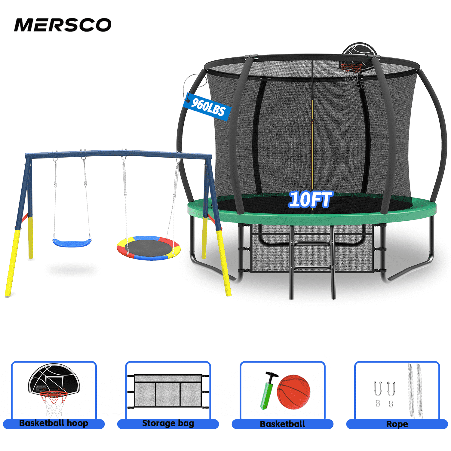 Mersco 10FT Heavy Duty Trampoline with Enclosure Net & Swing Set ...