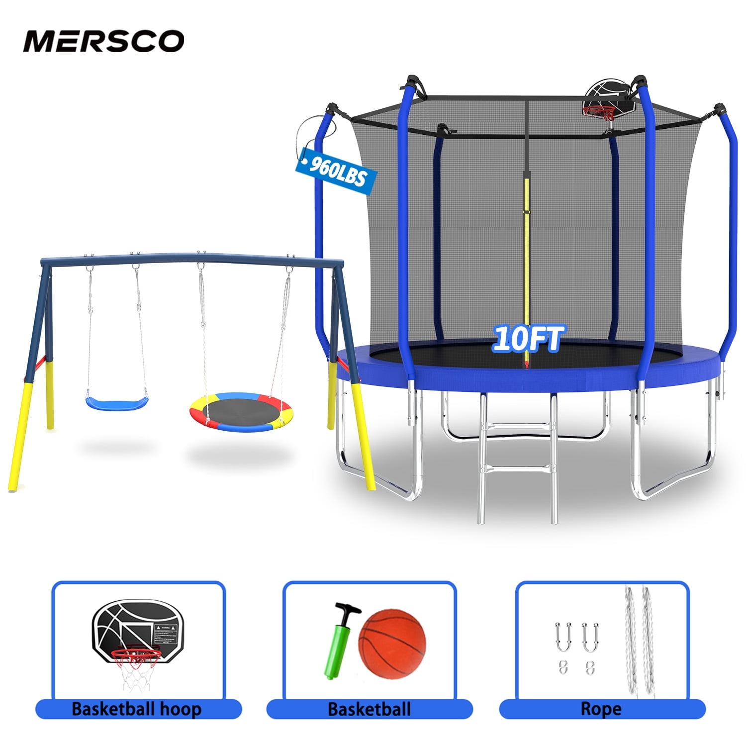Mersco 10FT Trampoline with Enclosure Net,Swing Set, Outdoor Trampoline ...