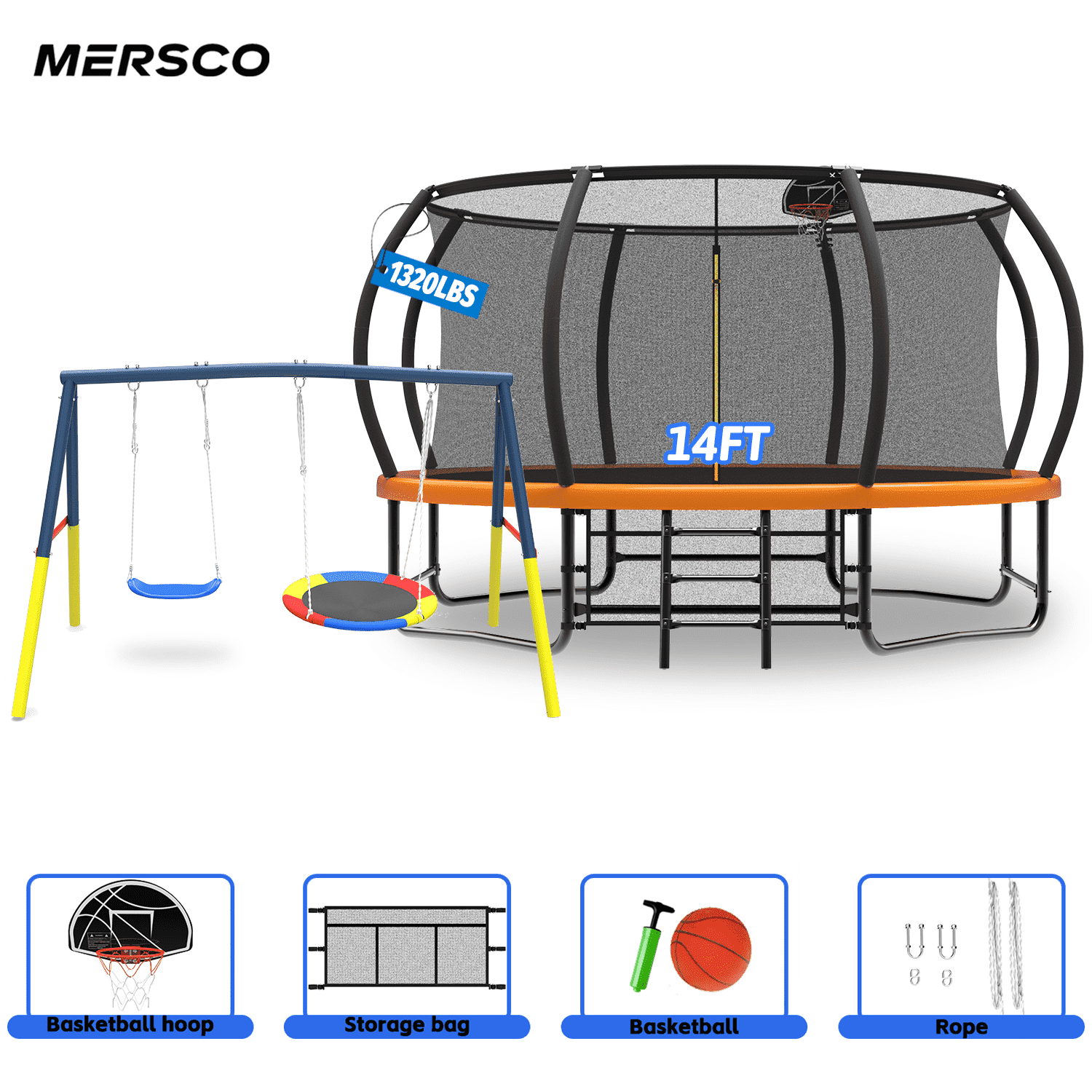 Mersco 14FT Heavy Duty Trampoline with Enclosure Net & Swing Set ...