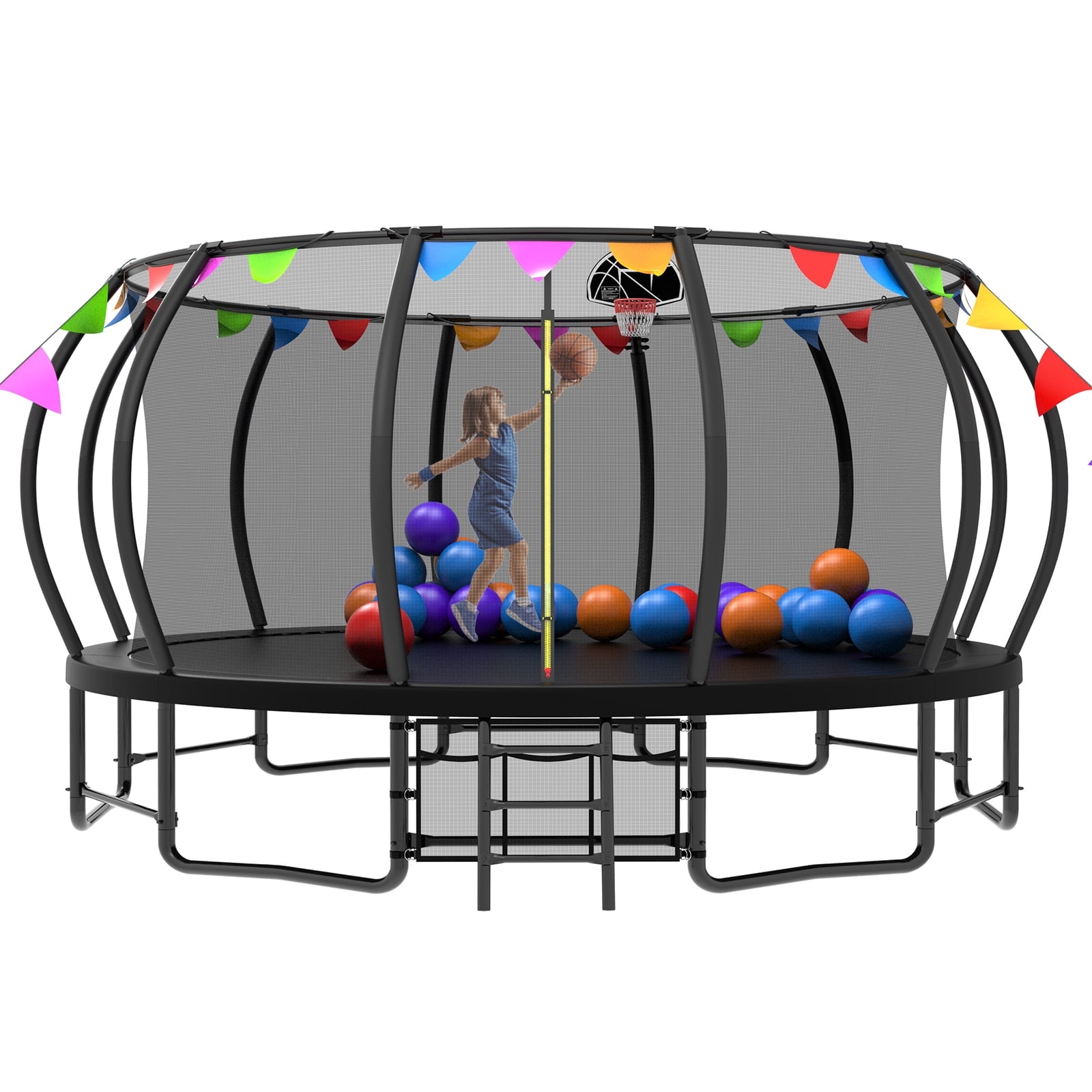 Mersco 16FT Trampoline Outdoor with Ladder, Flags and Balloons, Heavy Duty Rebounder Trampoline ...