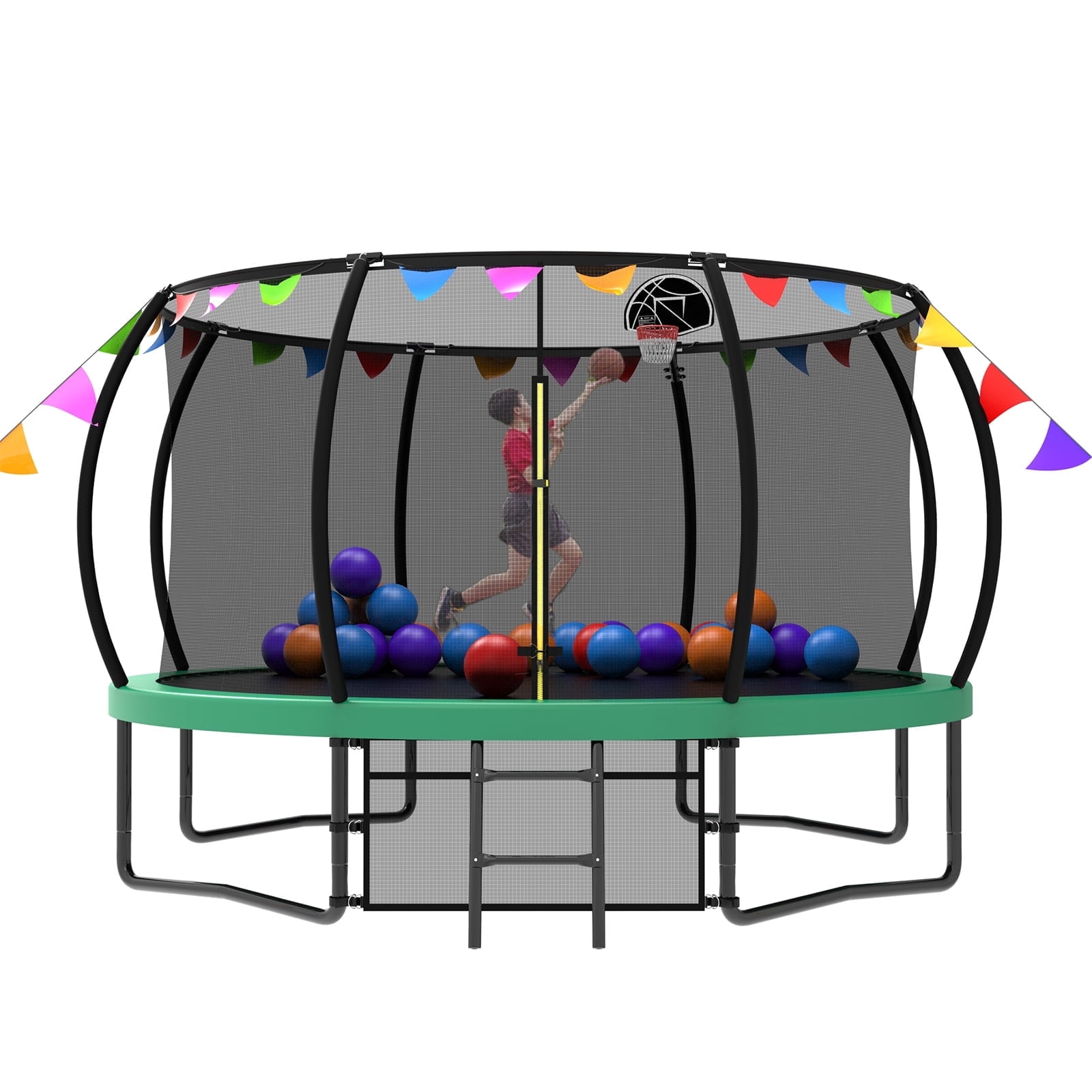 Mersco 12FT Trampoline Outdoor with Ladder, Flags and Balloons, Heavy ...