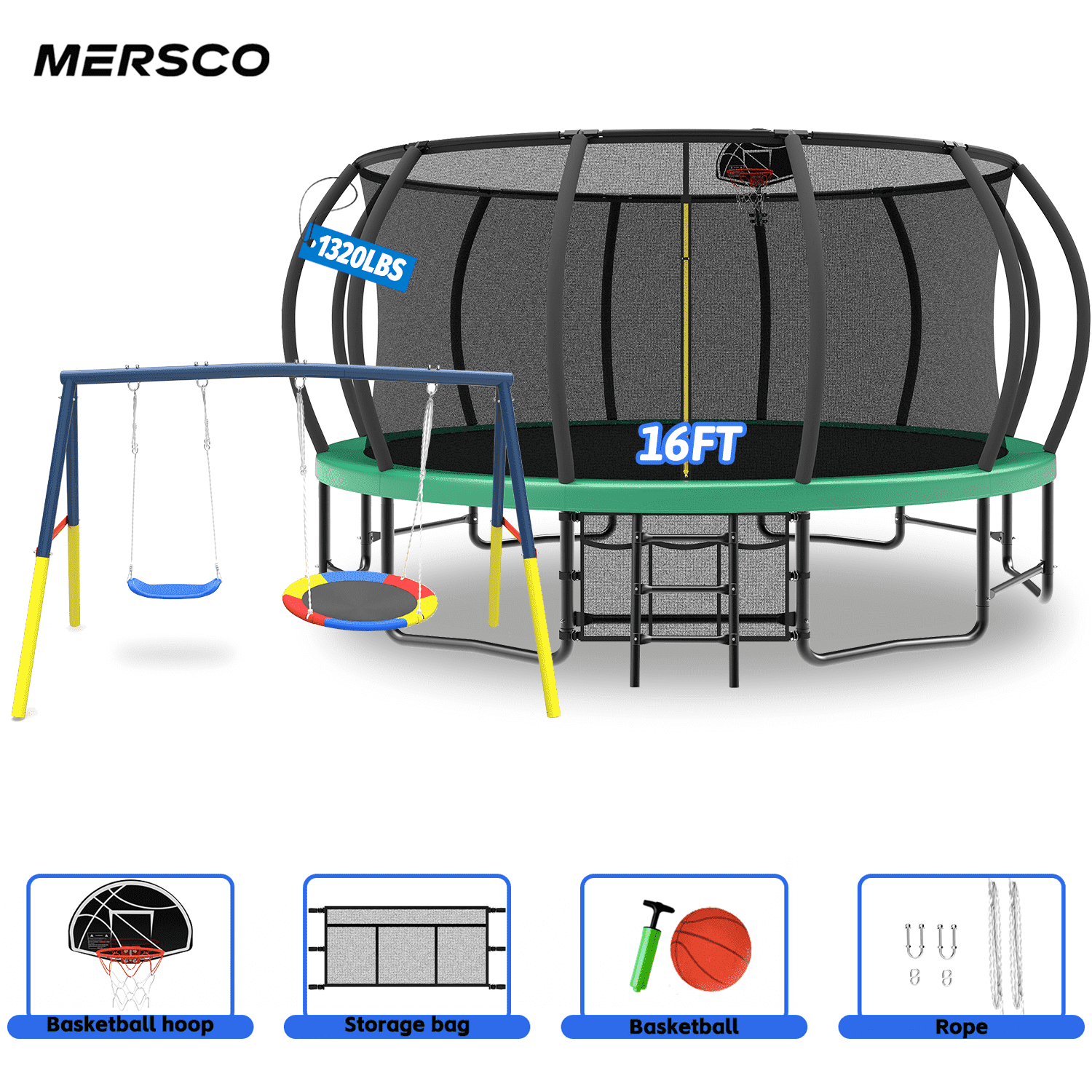 Mersco 15FT Heavy Duty Trampoline with Enclosure Net & Swing Set ...