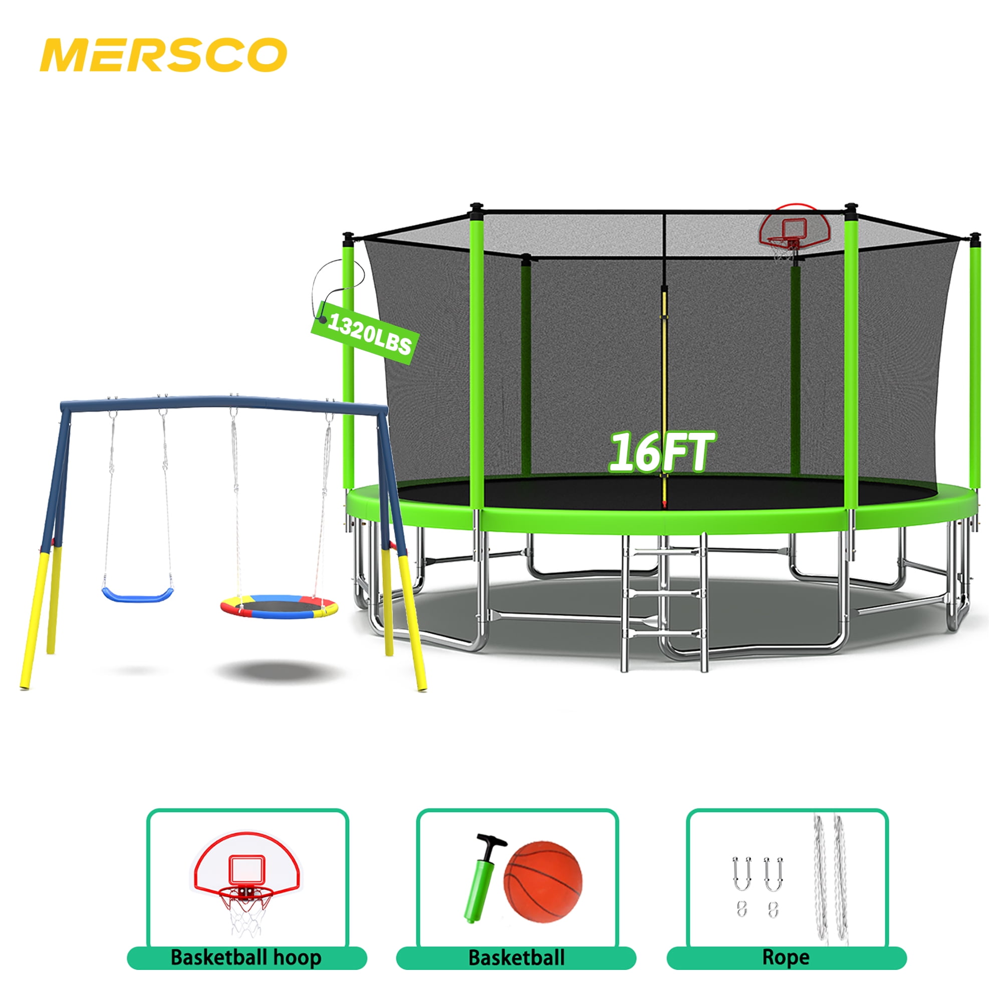 Mersco 16FT Heavy Duty Trampoline with Enclosure Net & Swing Set ...