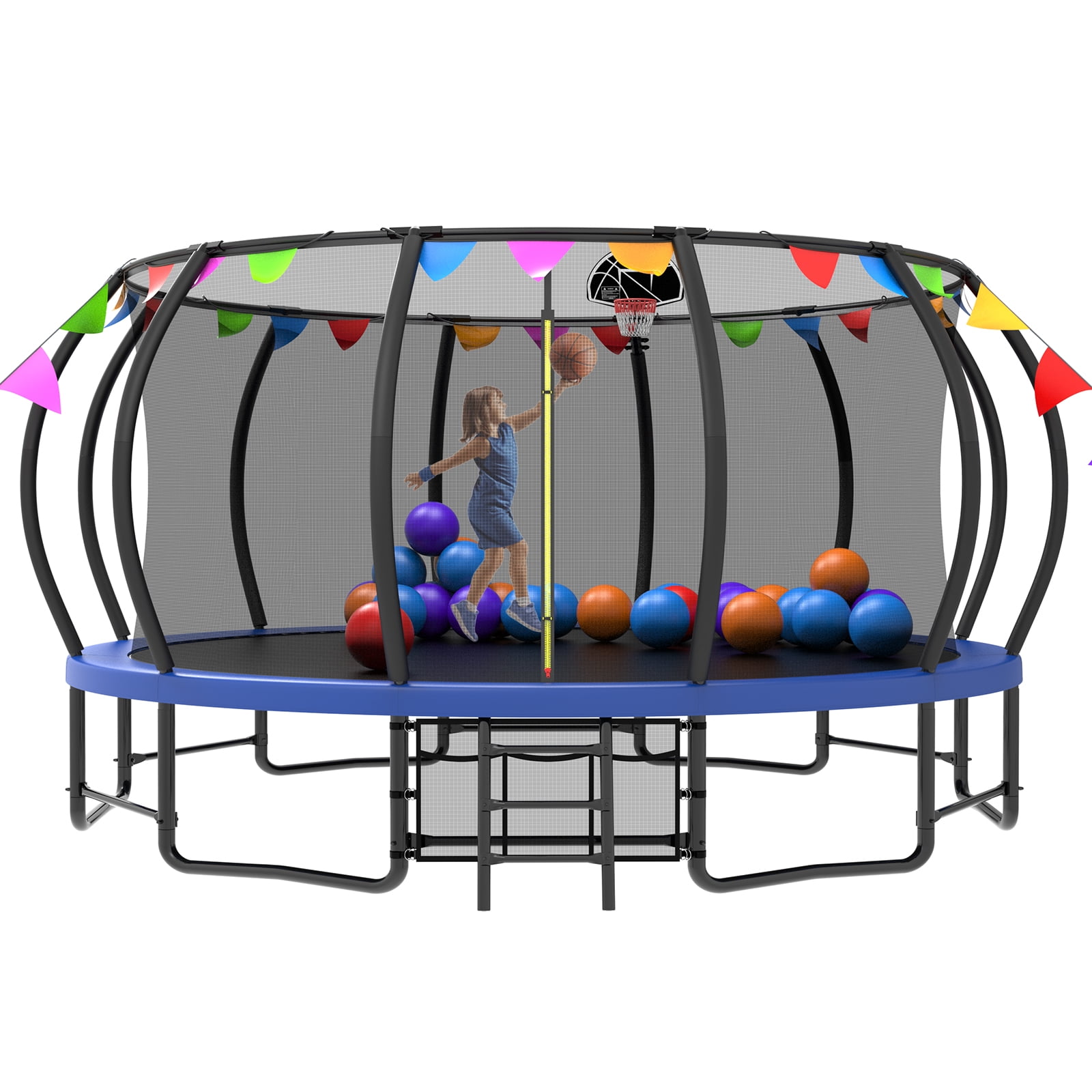 Mersco 16FT Trampoline Outdoor with Ladder, Flags and Balloons, Heavy ...