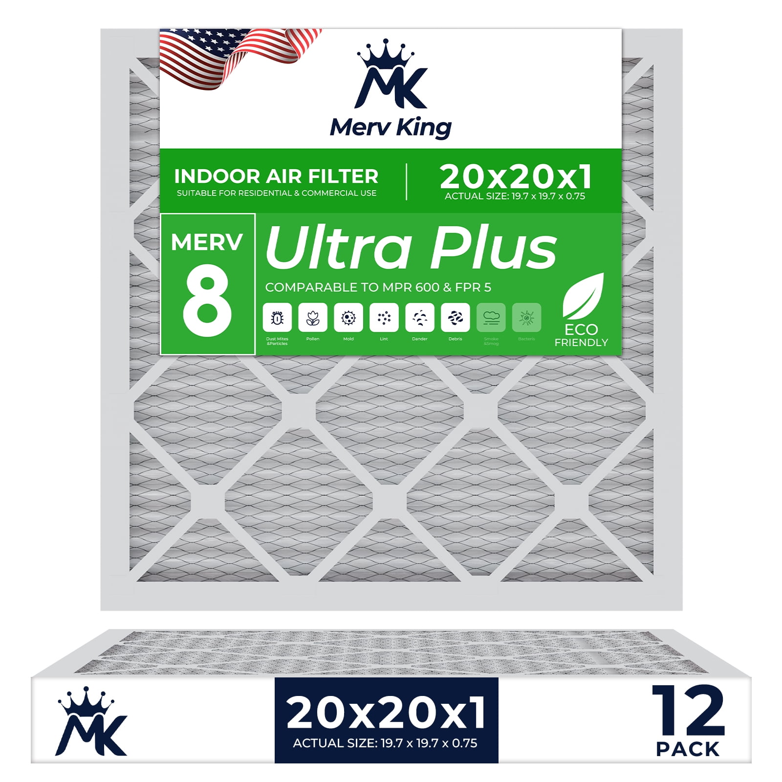 Merv King 20x20x1 Air Filter | MERV 8 | MPR 600 - 700 Ultra Plus | 12 ...