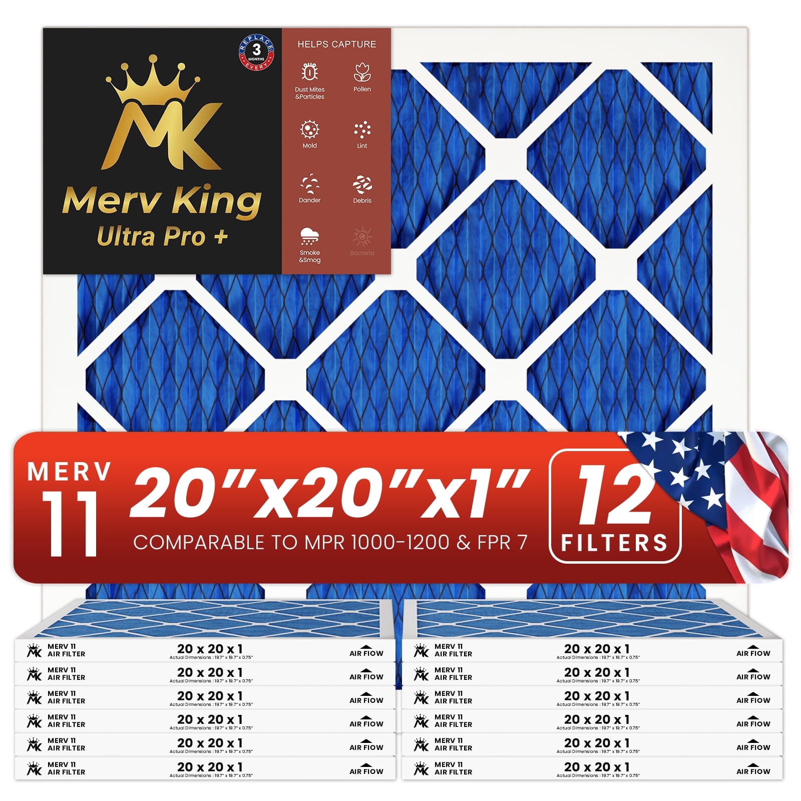 MervKing 20x20x1 Air Filter | MERV 11 | MPR 1000 - 1200 Ultra Pro | 12 ...