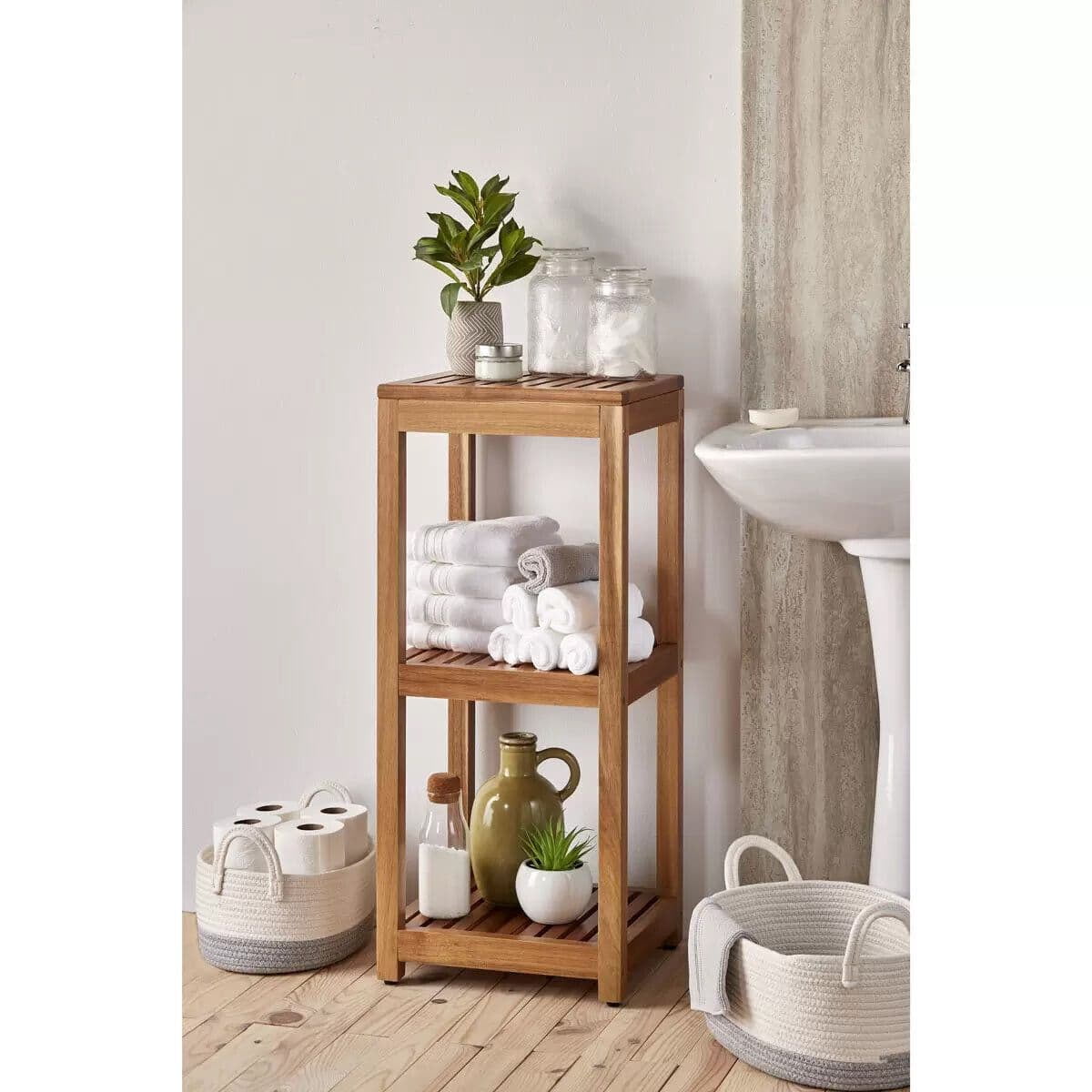 Mesa Slim Furniture 3-Tier Acacia Wood Storage Tower Shelves Unit ...