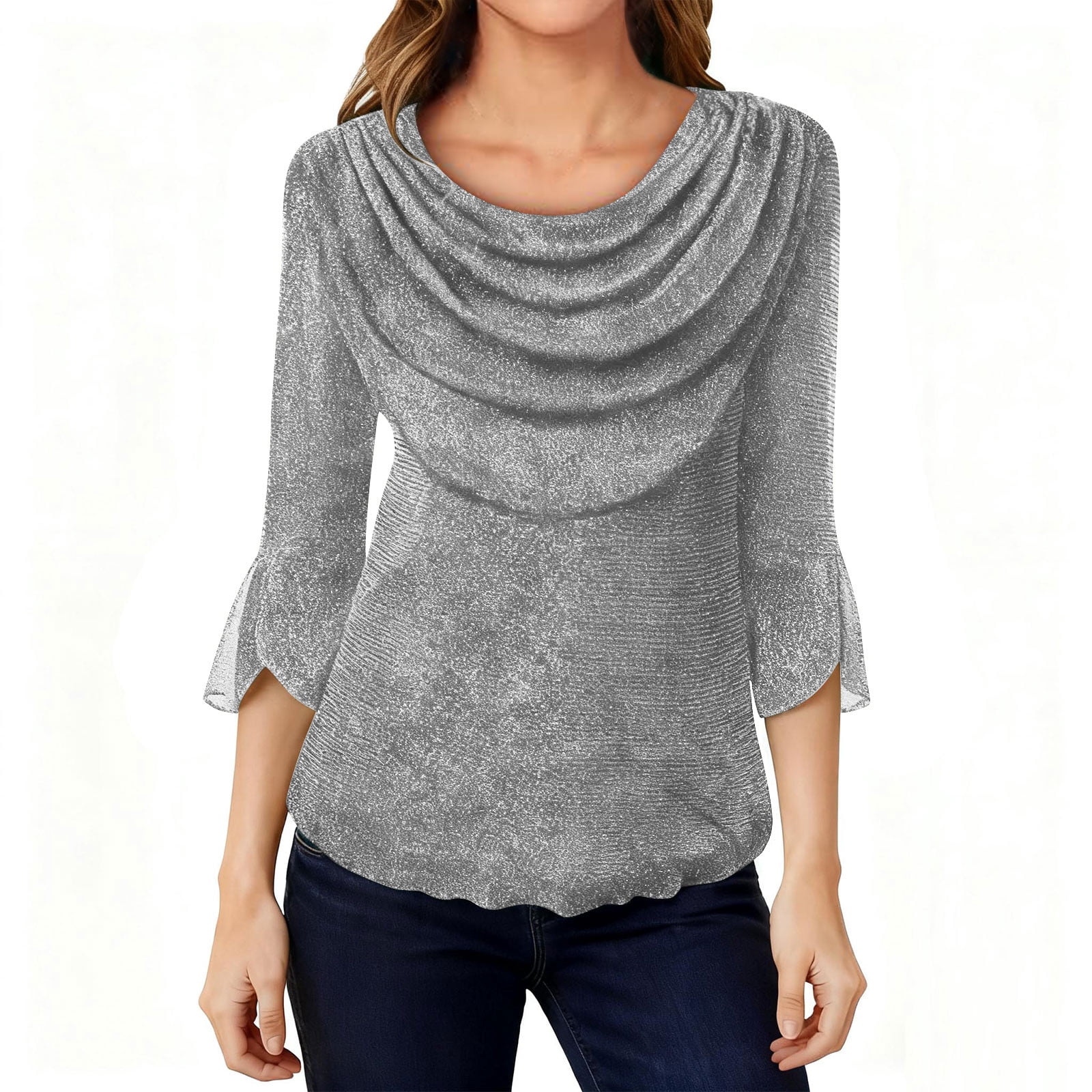 Mesh 3/4 Sleeve Tops for Women Double Layered Sheer Shirts Pleated V ...