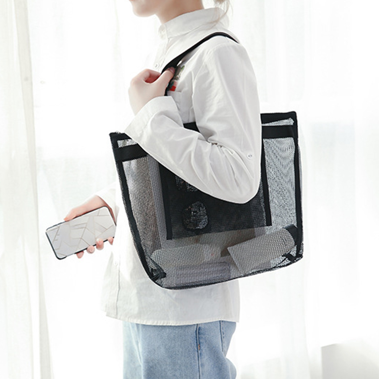 Mesh Bag Zipped Design Sturdy with Pocket Wet And Dry Separation Beach ...