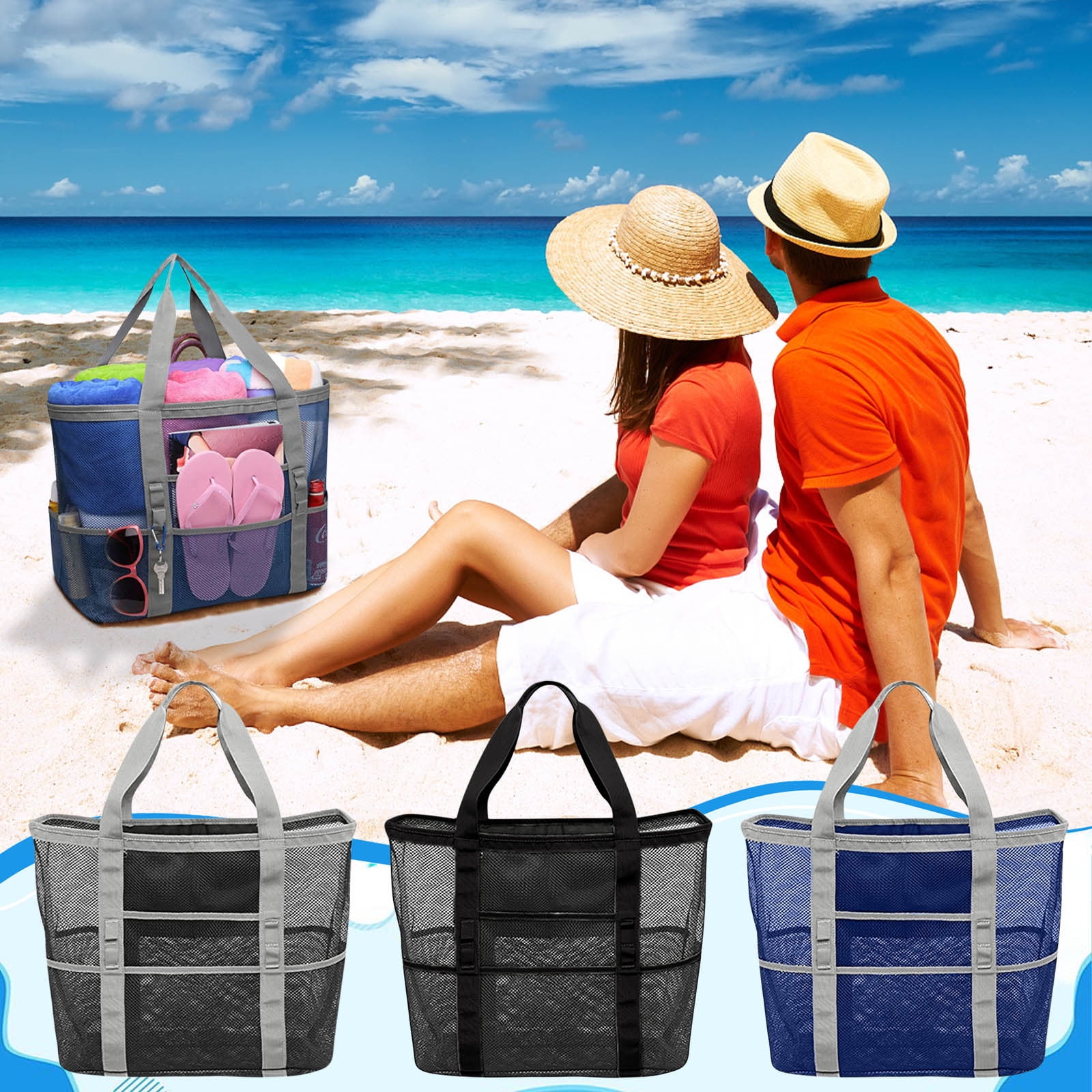 Mesh Beach Bag, Large Beach Tote Bag with 9 Pockets Foldable Beach Bag ...