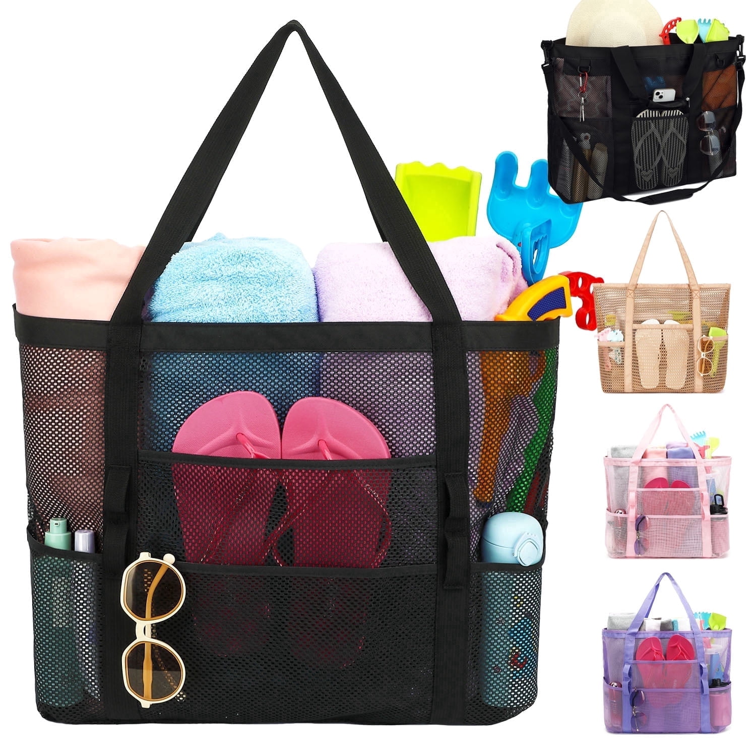 Fammart Large Foldable Mesh Beach Bag with Zipper Pocket, Sandproof ...
