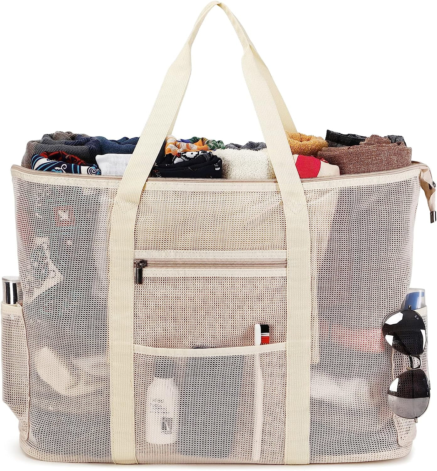 Mesh Beach Tote - Extra Large Beach Bag with 11 Pockets Foldable Tote ...