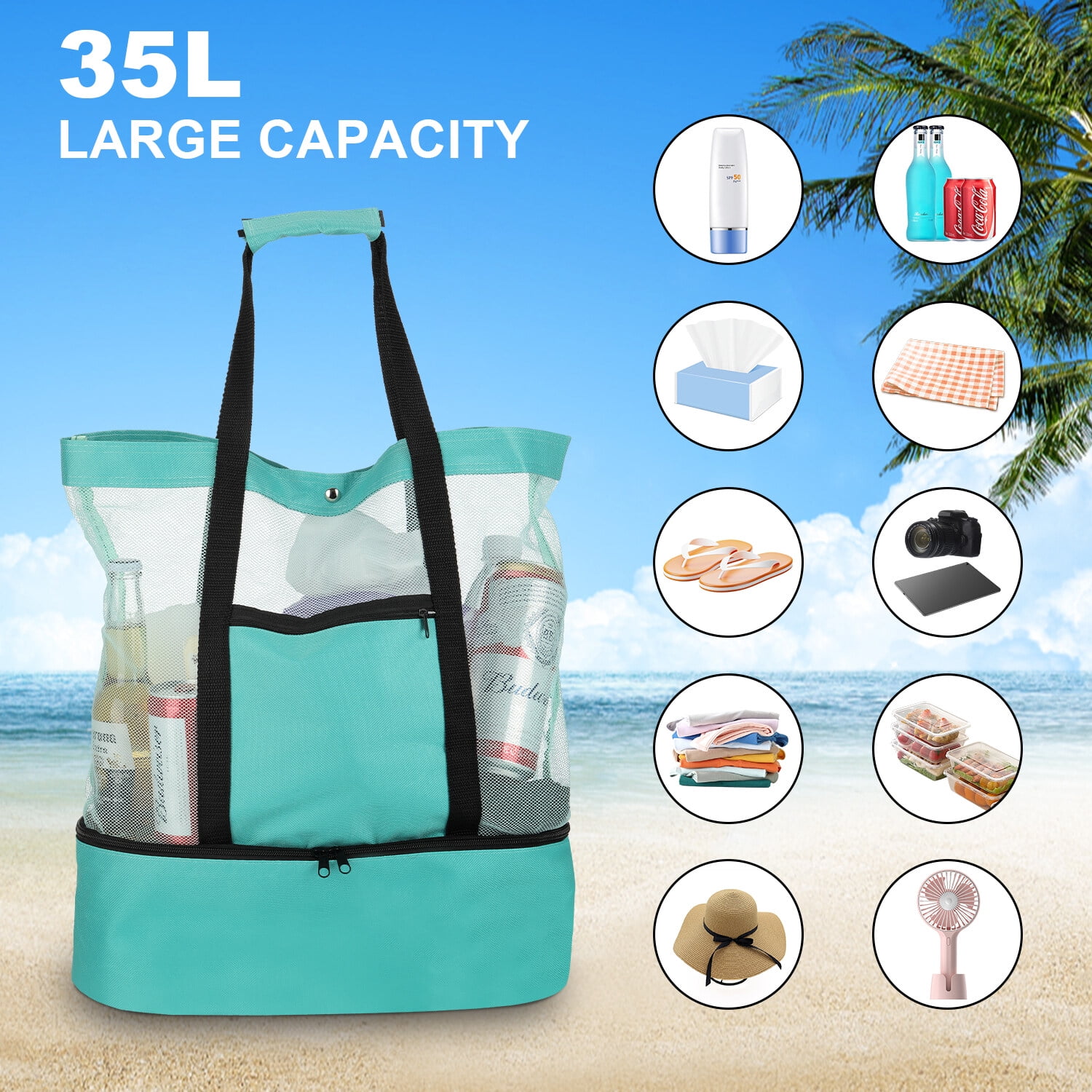 Oyajia Mesh Beach Tote Bag, Large Capacity, Insulated Bottom Cooler ...