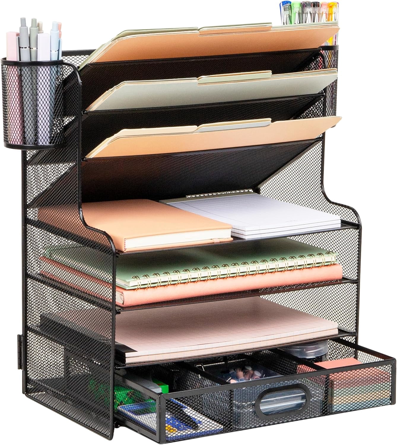 Mesh Desk Organizer, 6 Compartments, 1 Drawer, 2 Pen Cups, Office ...