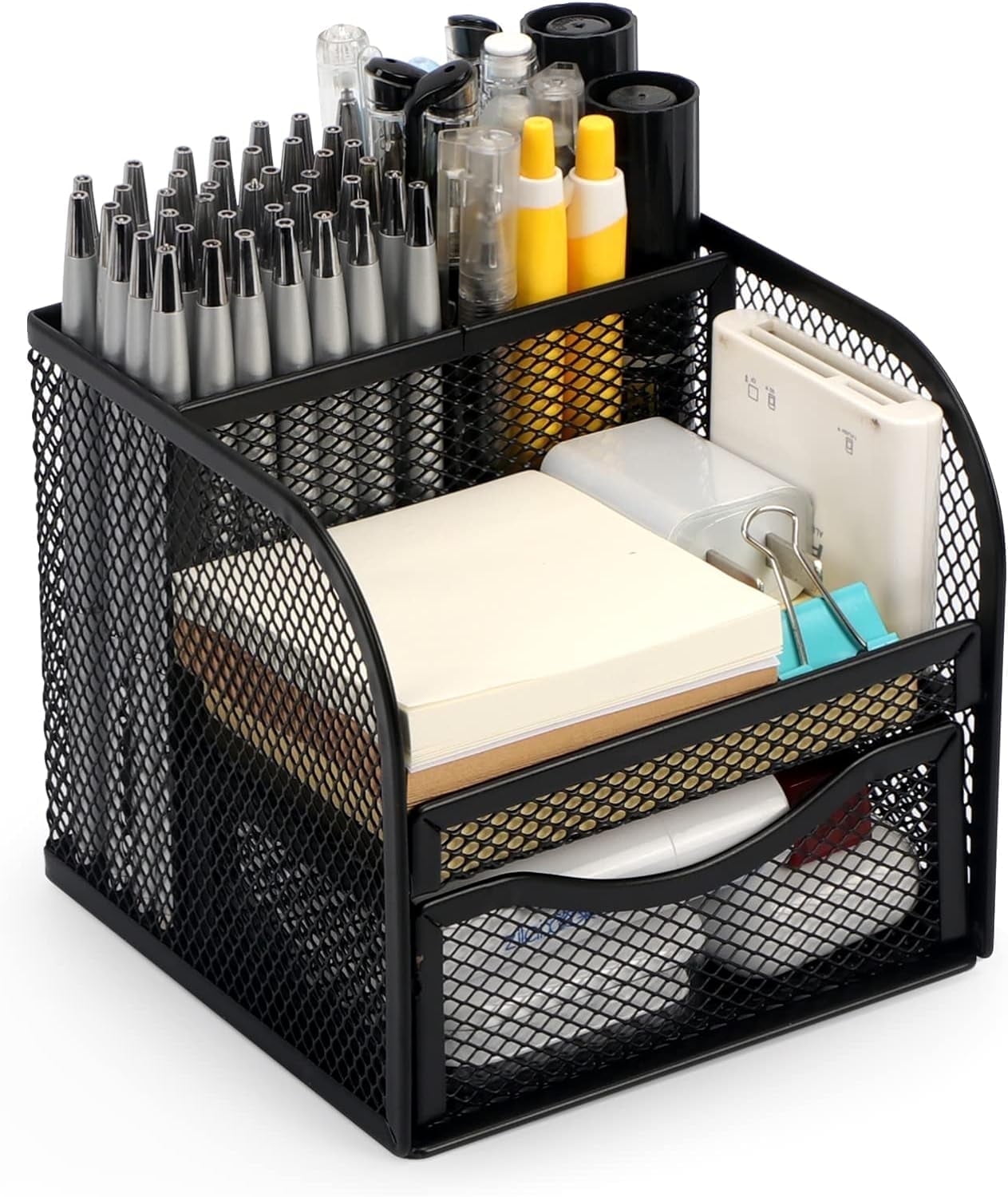 "Luff Mesh Desk Organizer, Black Metal Pen Holder with Drawer, 3 ...