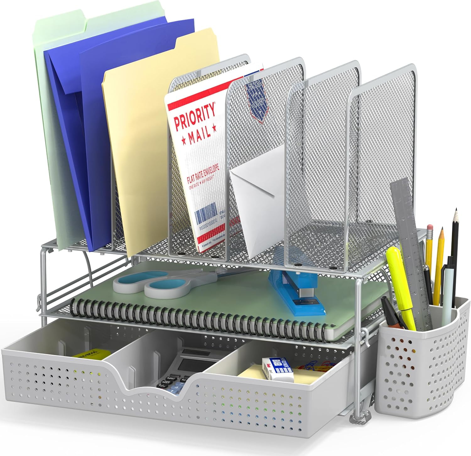 Mesh Desk Organizer with Sliding Drawer, Double Tray and Upright ...