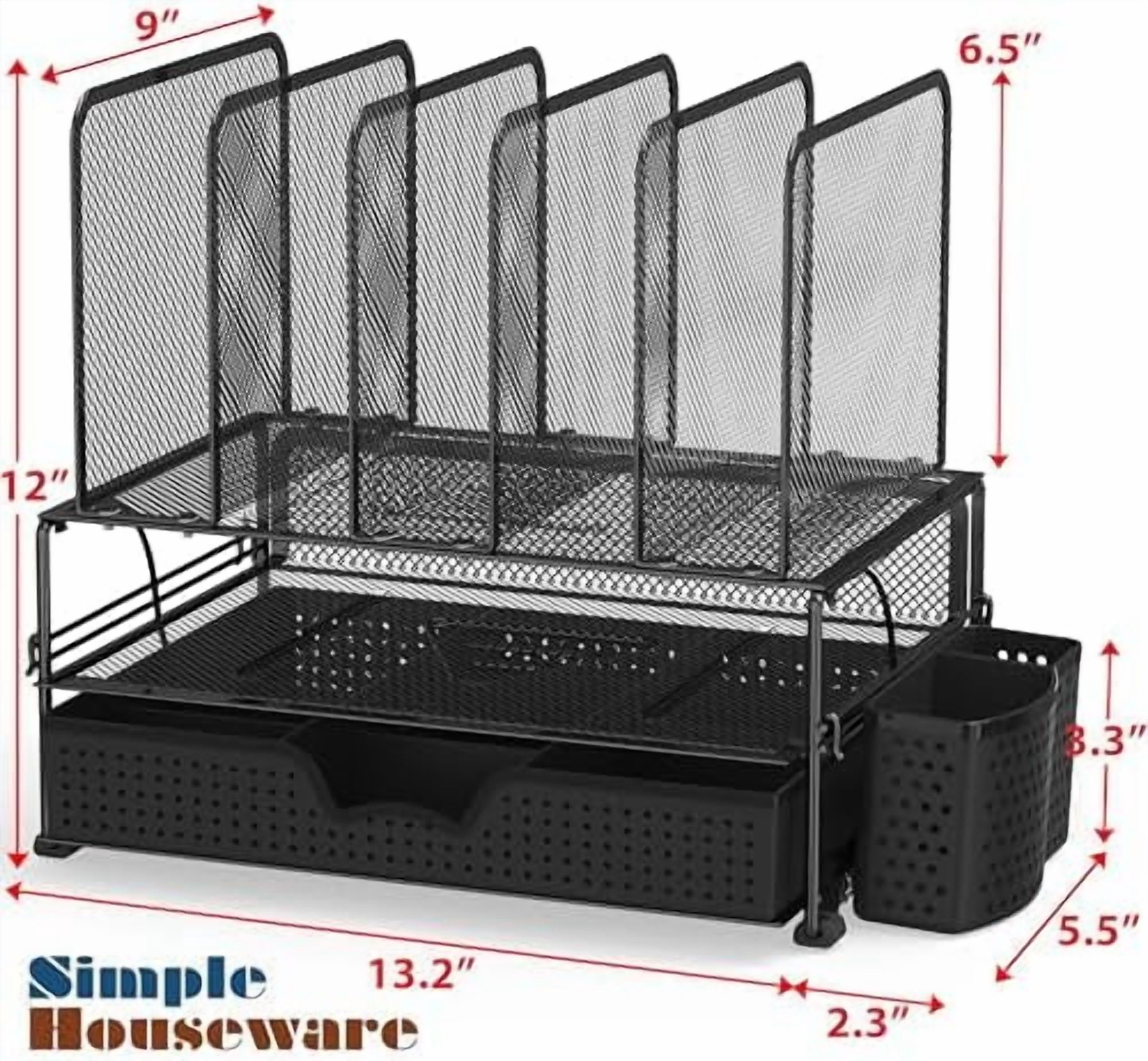 Mesh Desk Organizer with Sliding Drawer, Double Tray and 5 Upright ...