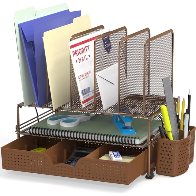 Mesh Desk Organizer with Sliding Drawer, Double Tray and 5 Upright ...