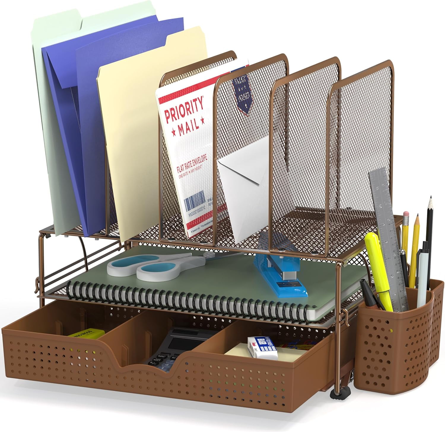 Mesh Desk Organizer with Sliding Drawer, Double Tray and 5 Upright Sections, Copper - Walmart.com