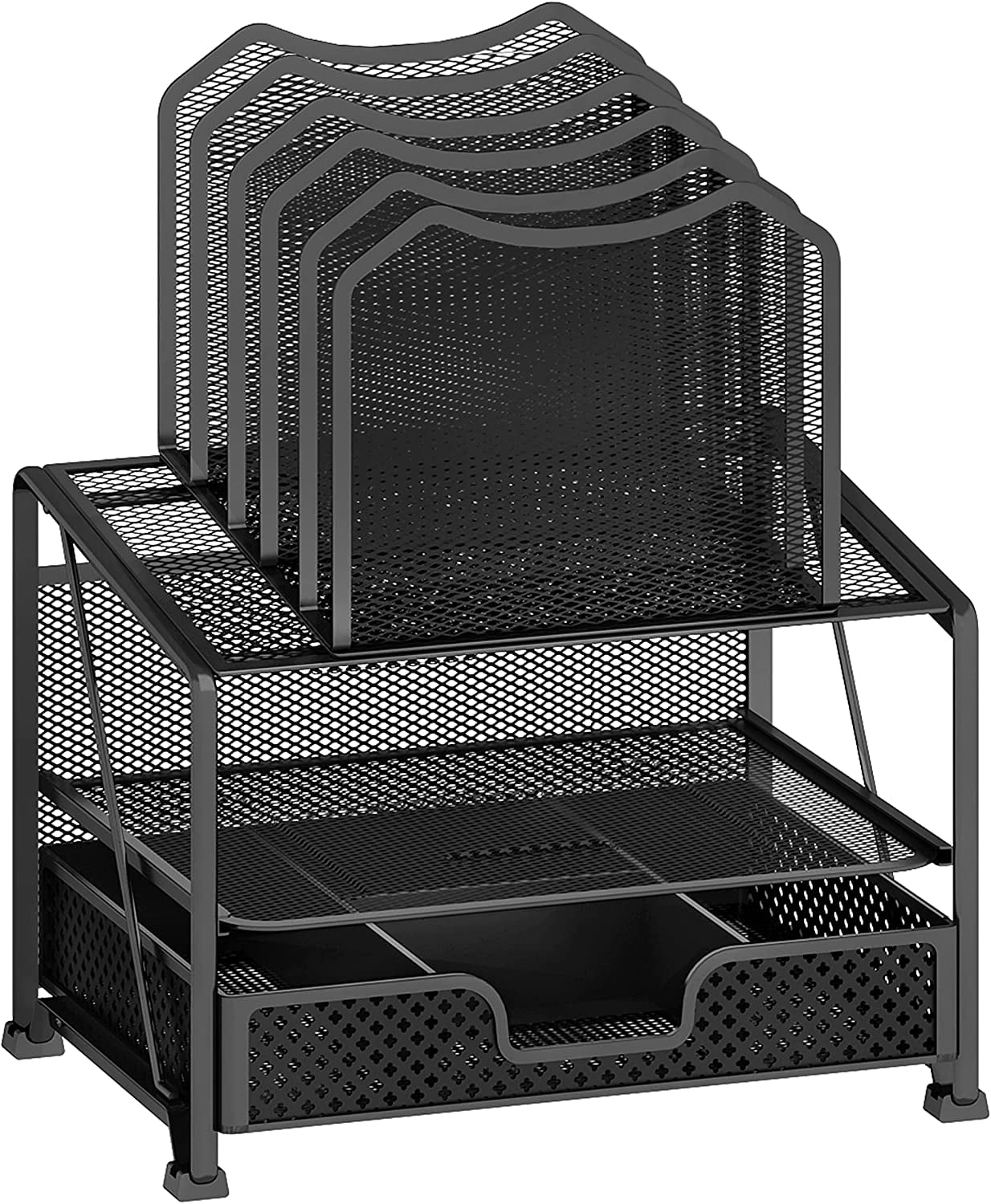 Mesh Desk Organizer with Sliding Drawer, Double Tray with 5 Sections ...