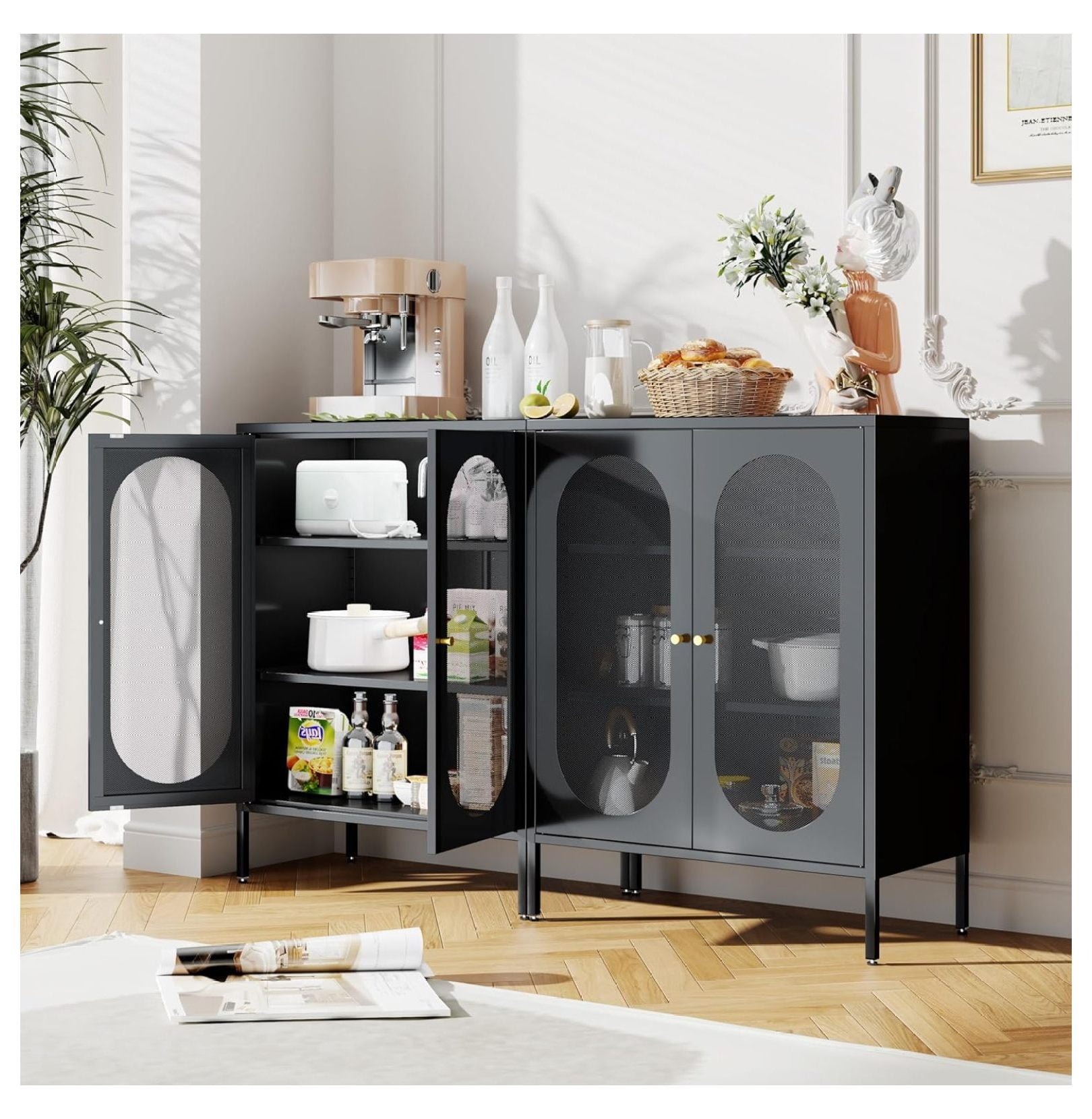 Mesh Door Metal Storage Cabinet - 3-Tier Adjustable Shelves - Black ...