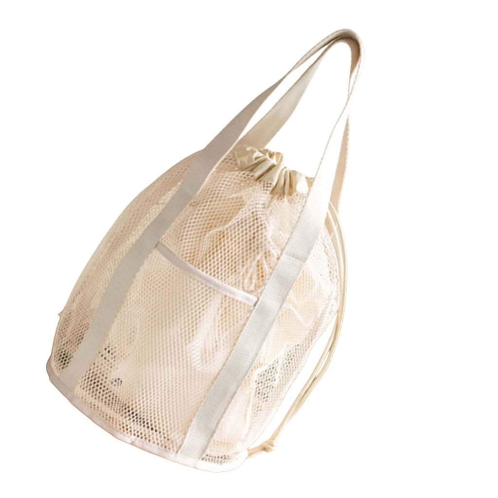 Mesh Drawstring Bag Foldable Beach Toy Bag with 2 Pockets Swimming Pool ...