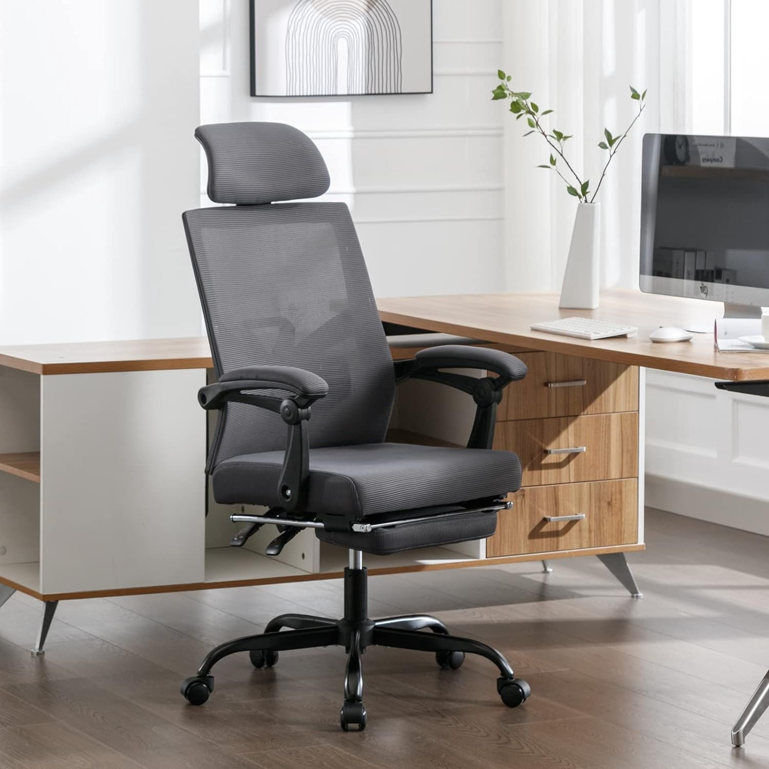 Mesh Ergonomic Office Chair with Footrest Home Office Desk Chair with ...