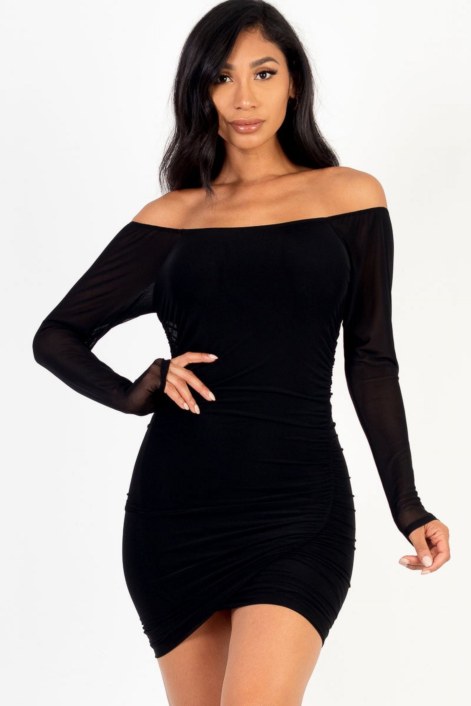 Mesh Long Sleeve Mini Dress with Ruched Detail - Walmart.com