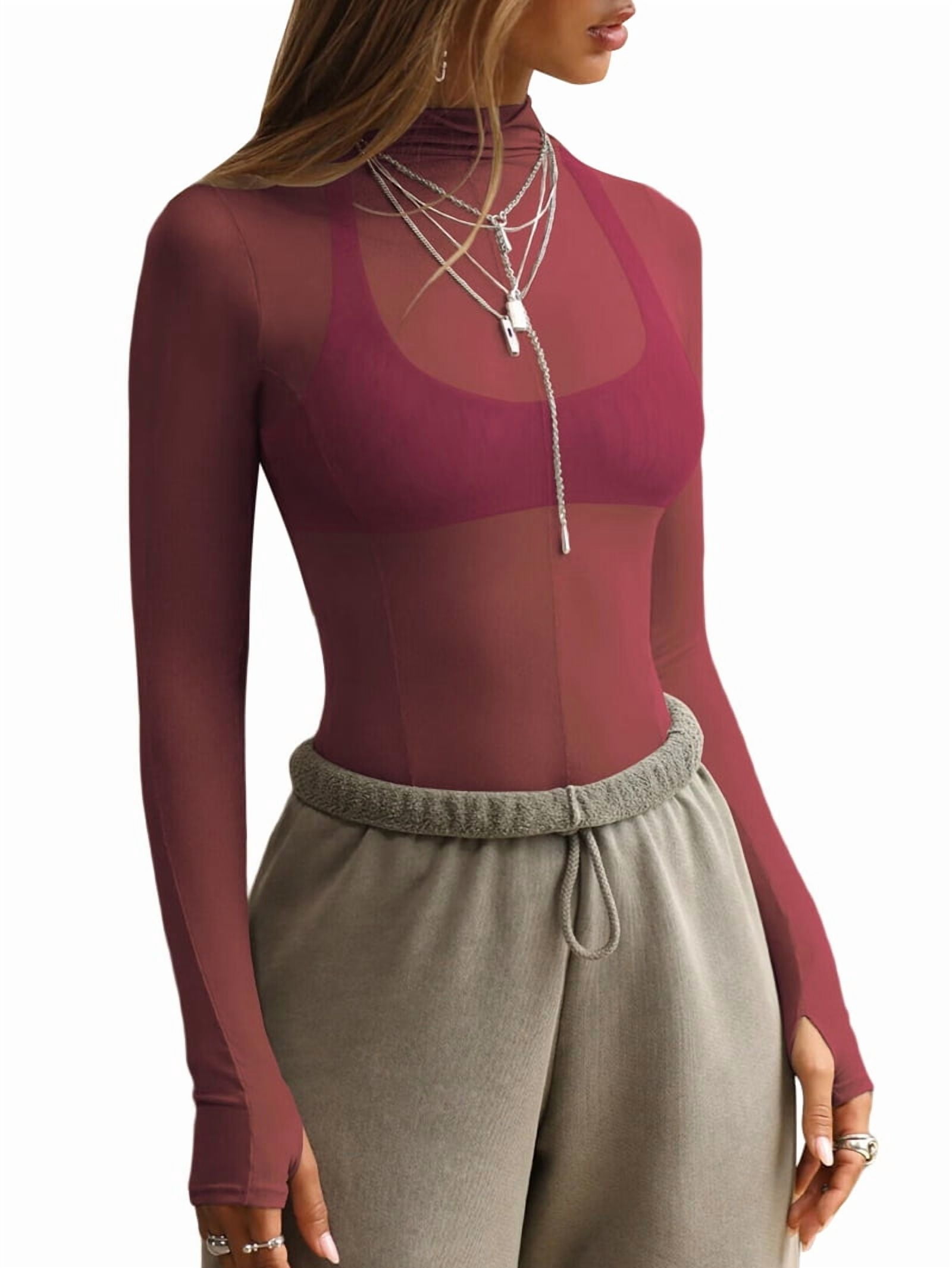 Mesh Long Sleeve Top for Women, Lace Sheer Tops See Through Mock Neck ...