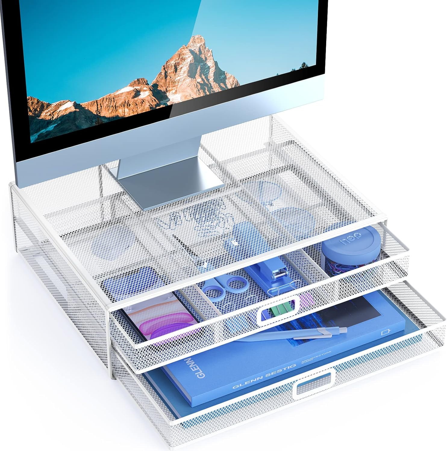 Mesh Metal Monitor Stand Riser with Drawer - Desk Organizer for PC ...