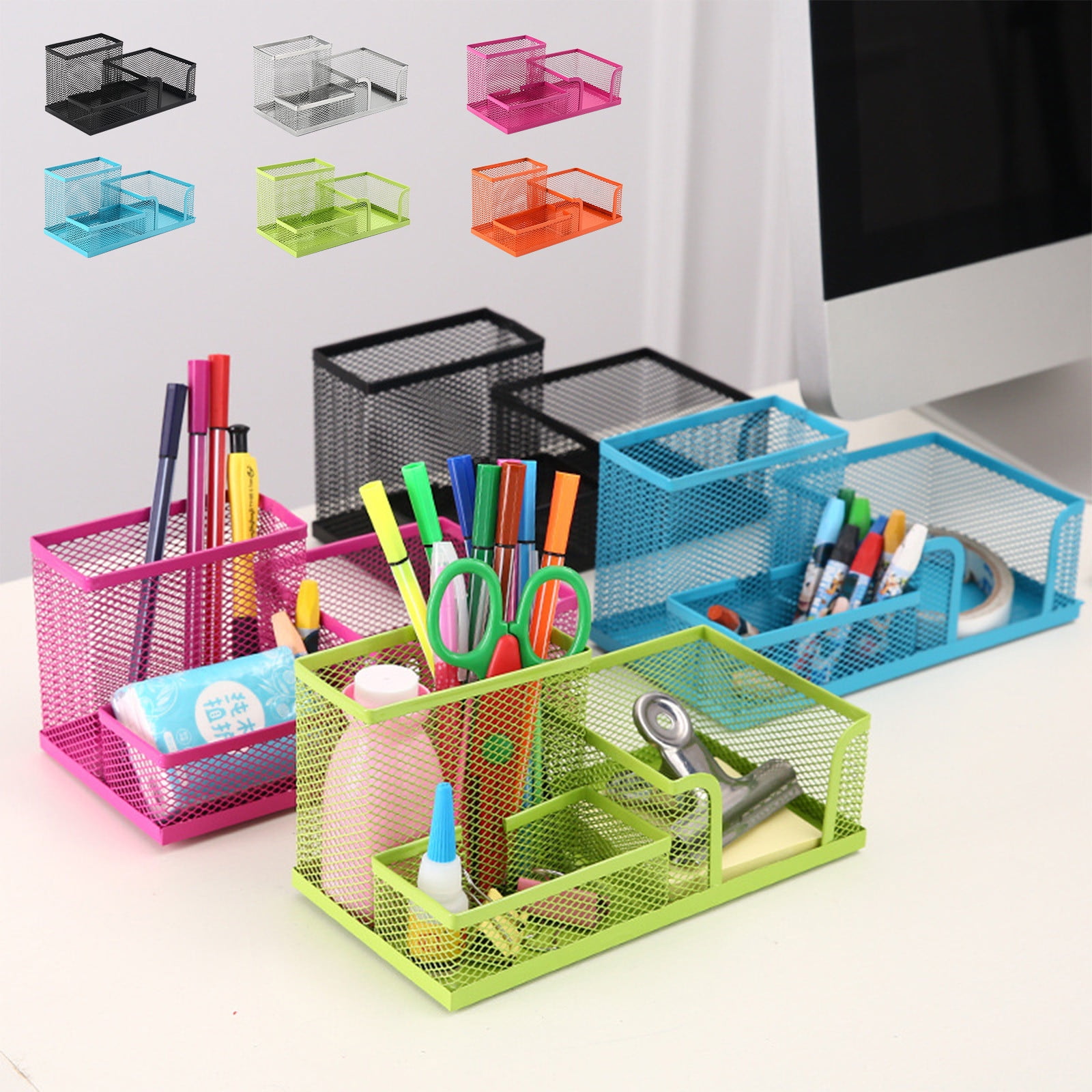 Mesh Metal Pencil Holder Desk Organizer | 3-Compartment Office Supply ...