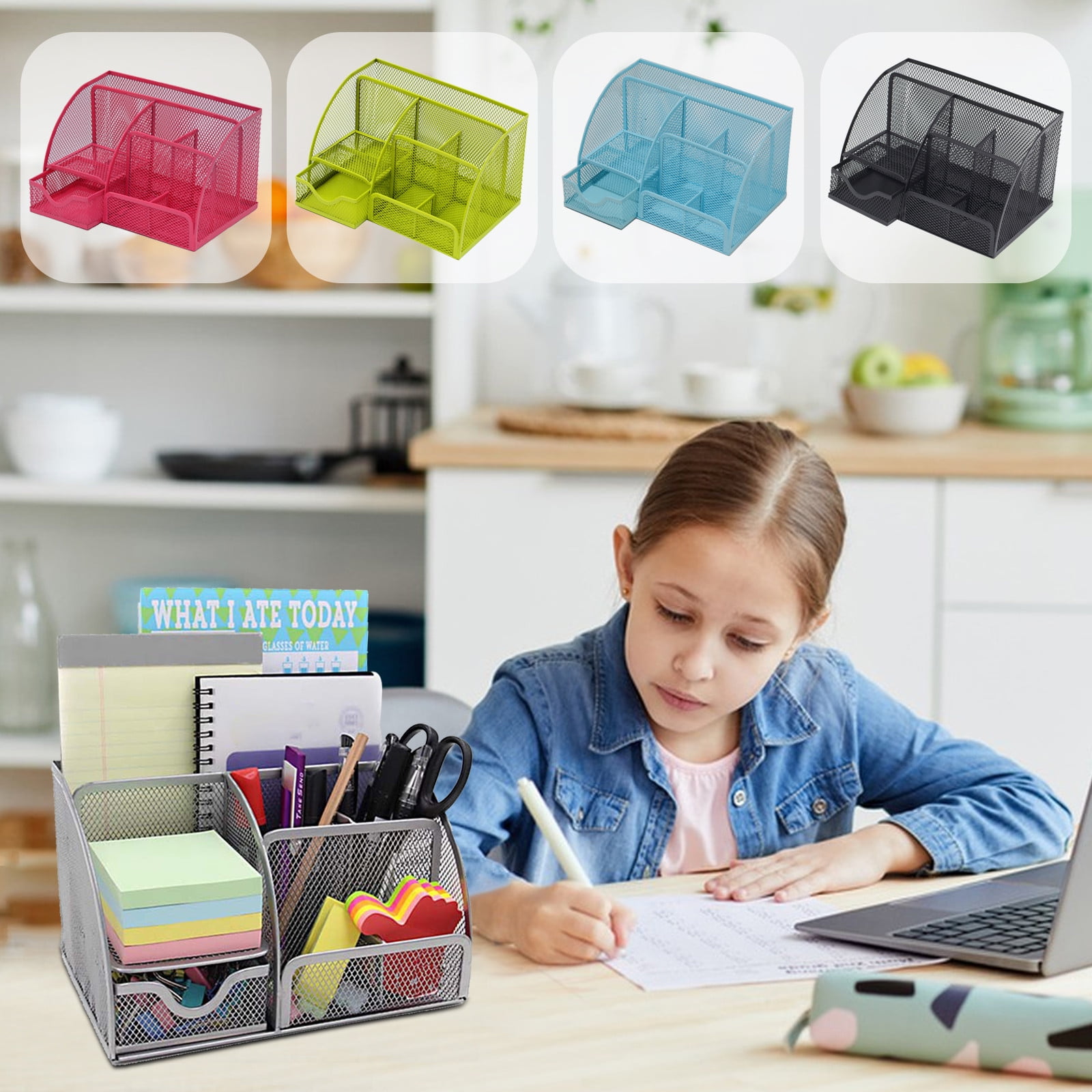 Mesh Pencil Desk Organizer 7 Compartment Pens Markers Scissors Paper ...