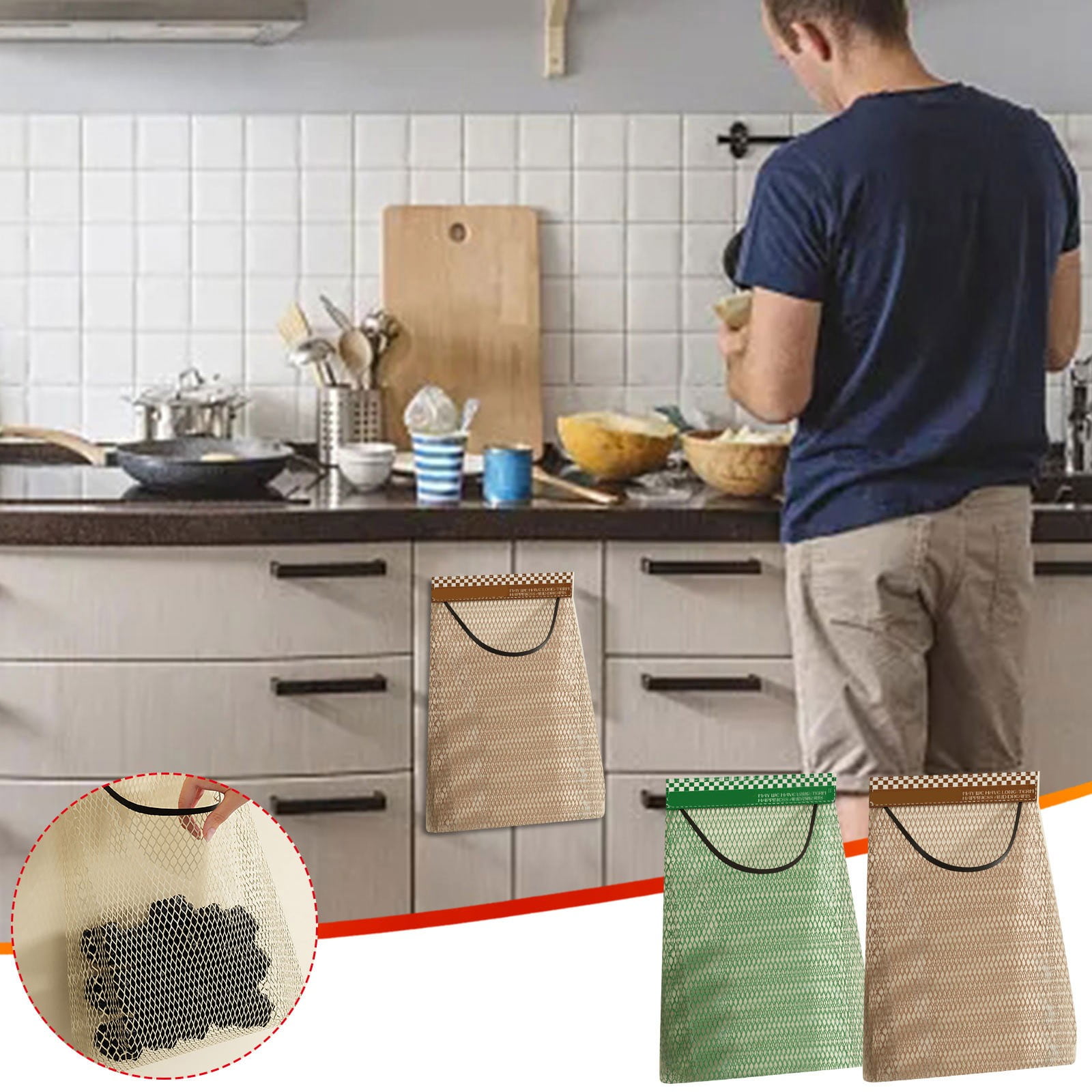 Mesh Produce Hanging Storage, Wall Mounted Fruit Vegetable Bag, Large ...