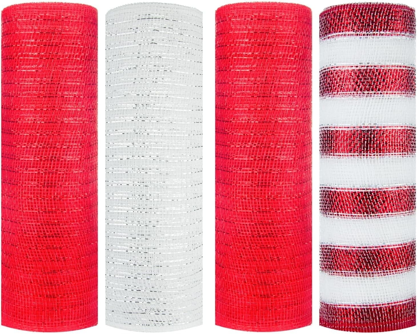 Mesh Ribbon- Deco Mesh Wreath Supplies- Metallic Foil Red and White ...
