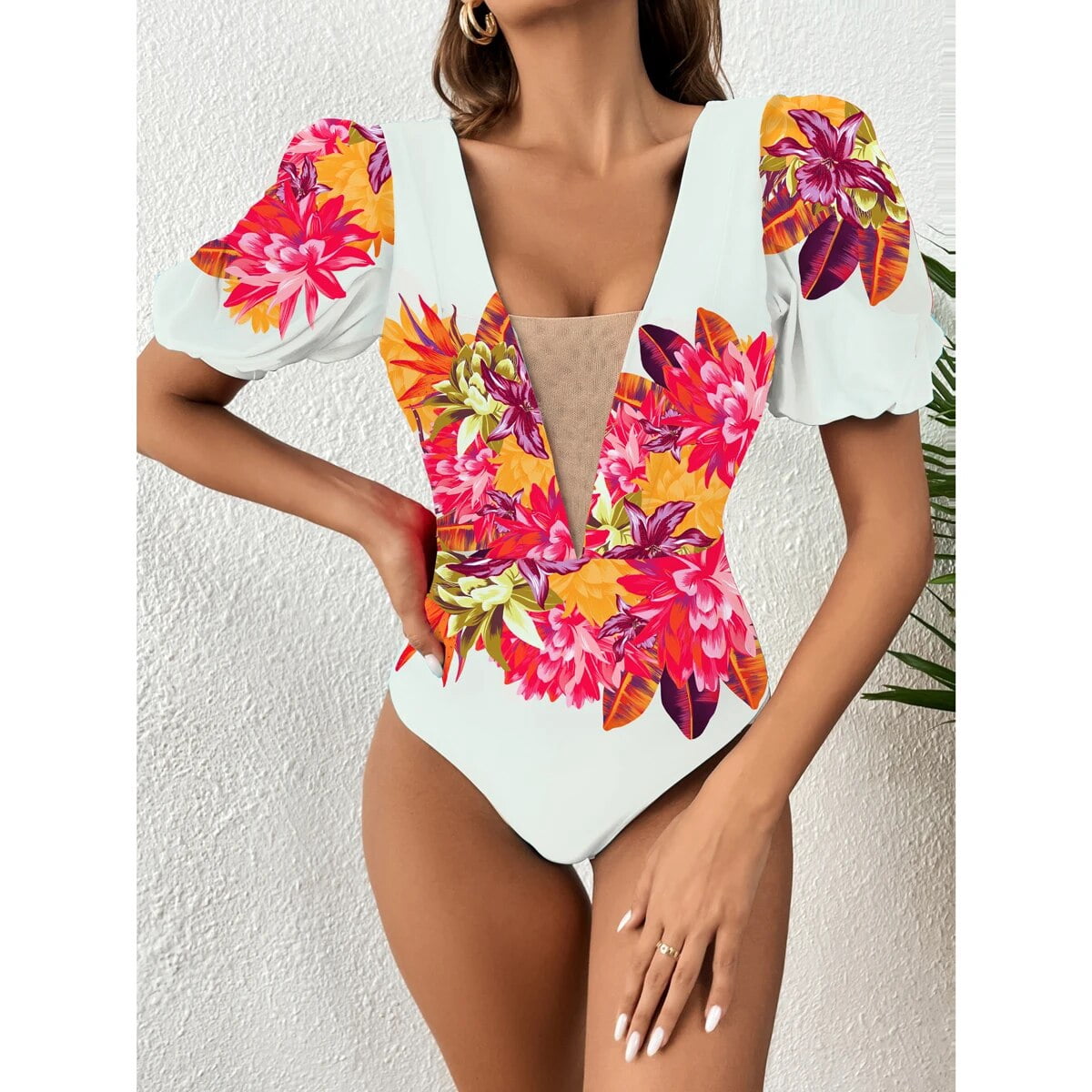 Mesh Sexy One Piece Swimwear Women Swimsuit Floral Bathing Suit V Neck