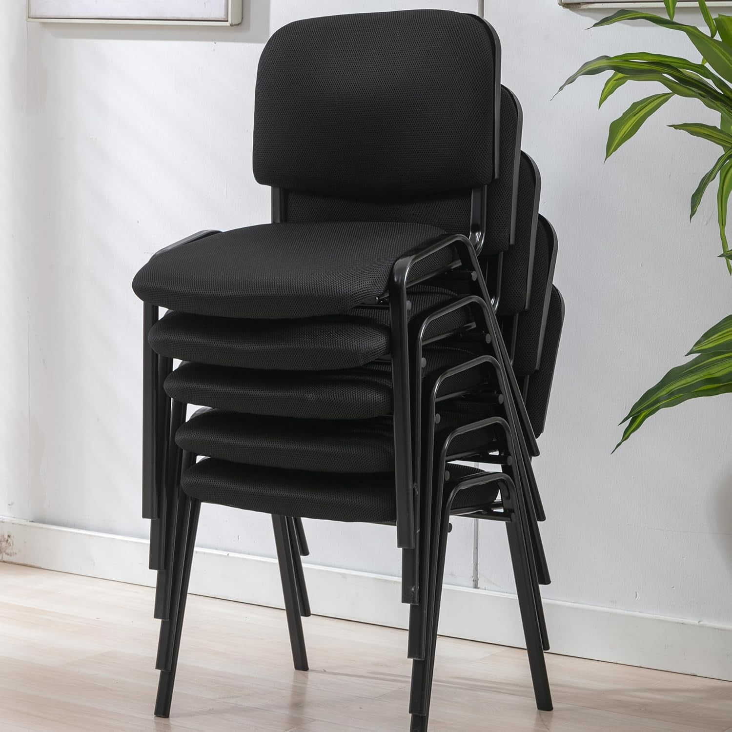 Mesh Stackable Chairs Set of 5, Padded Stacking Chairs, Black Office ...